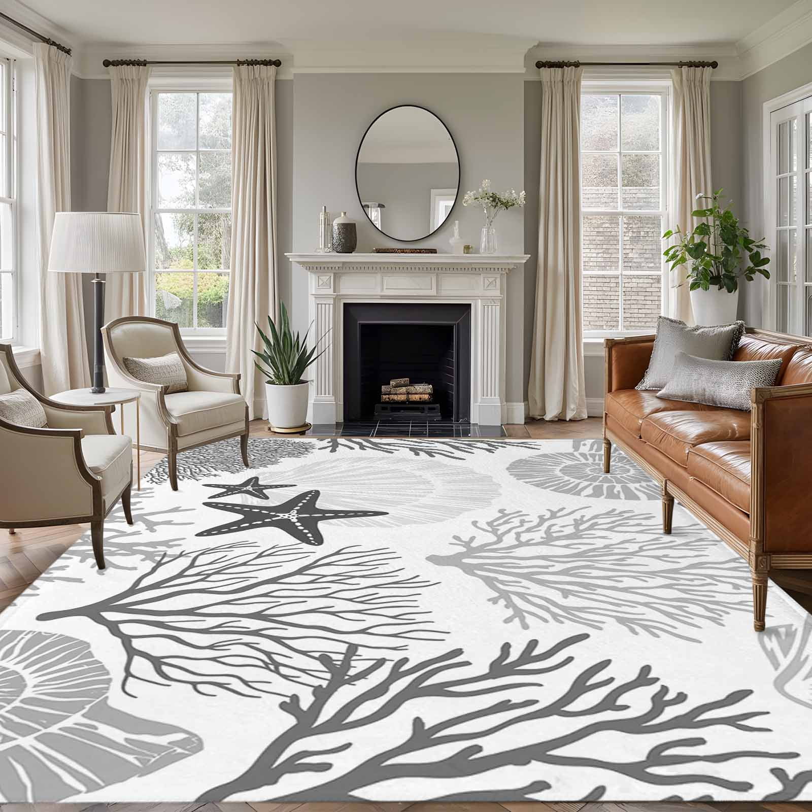 Coral Sea Snail Starfish Washable Living Room Rugs 5'x7', Grey Black ...
