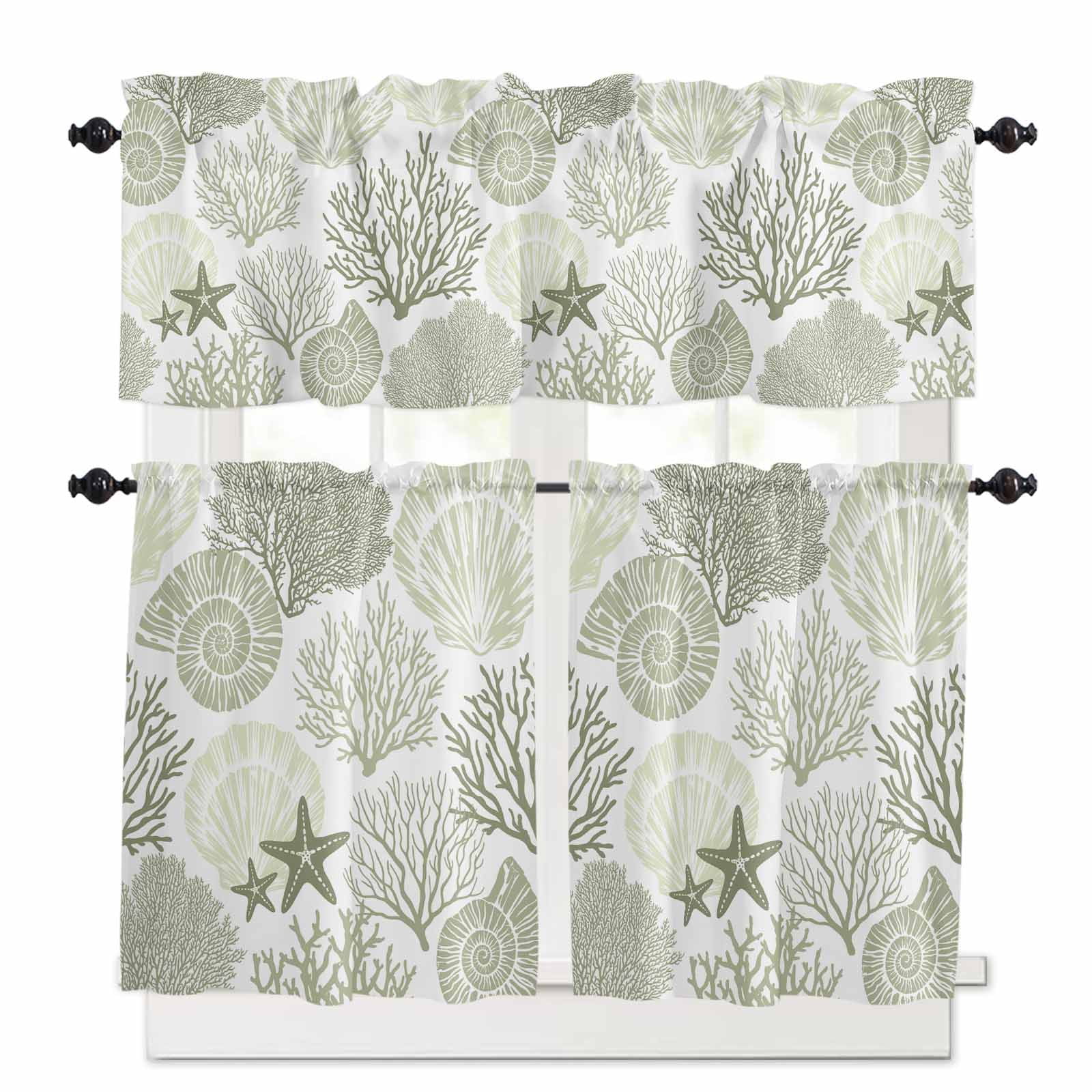 Coral Sea Snail Starfish Window Curtains Valance Set of 3 Green White ...