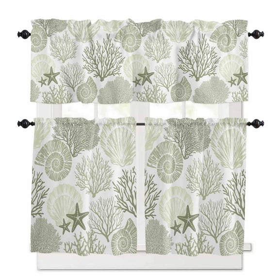 Coral Sea Snail Starfish Window Curtains Valance Set of 3 Green White ...