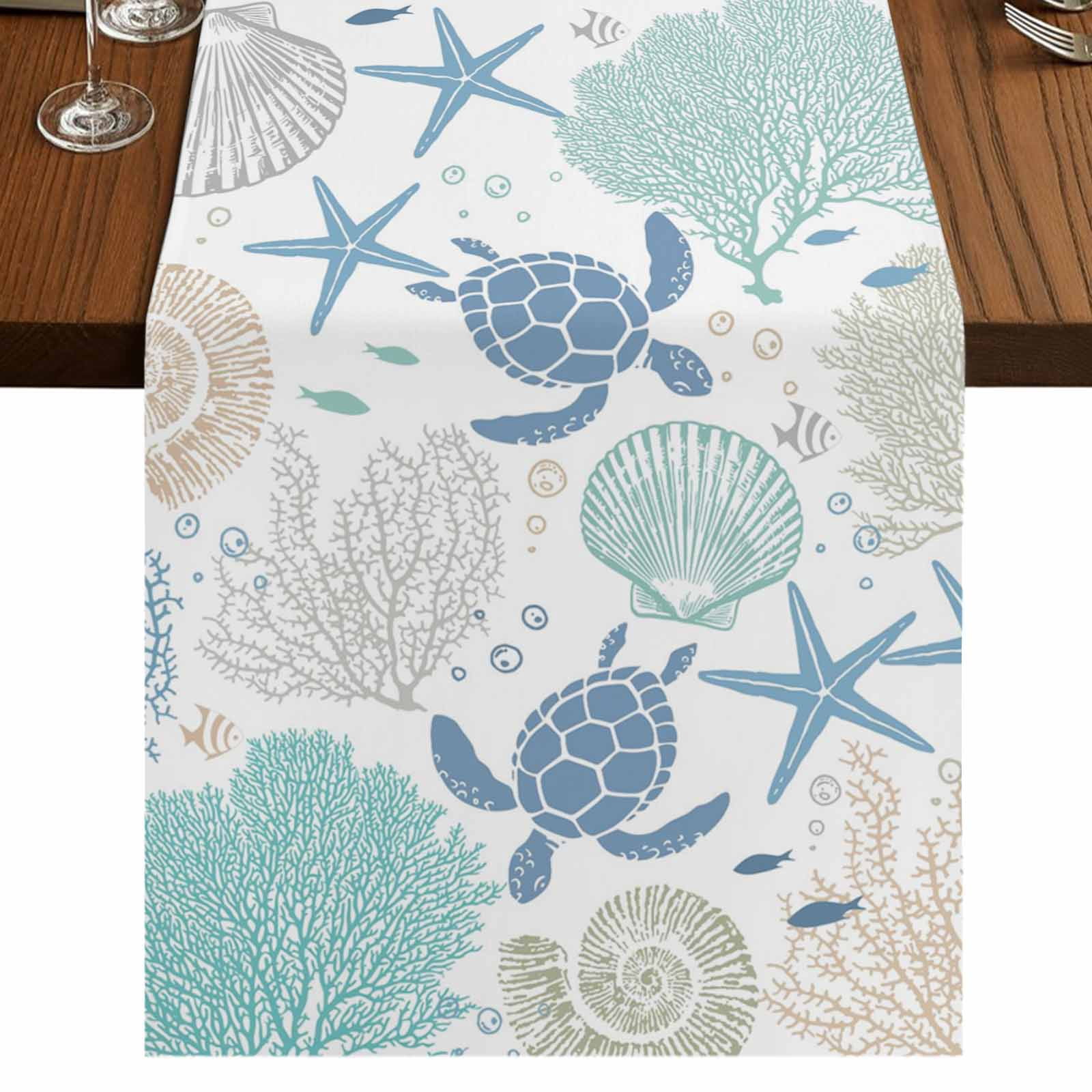Coral Sea Turtle Coastal Burlap Cotton Table Runner 13x36 Inches Short ...