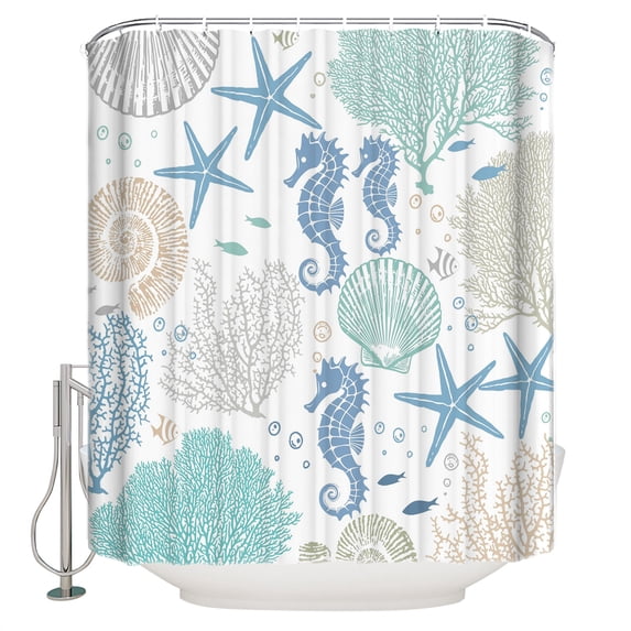 Coral Seahorse Coastal Bathroom Shower Curtains with 12 Hooks ...