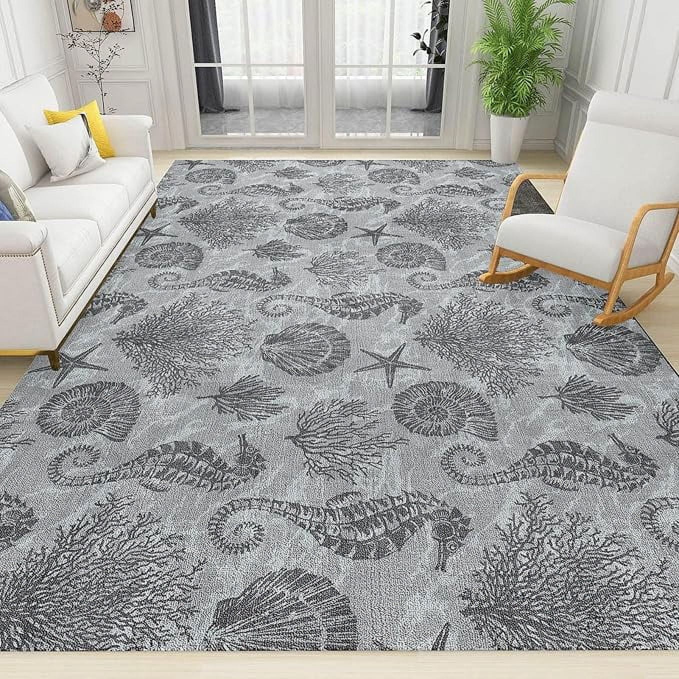 Coral Seahorse Starfish Area Rug, Nautical Coastal Ocean Easy Clean Rug ...