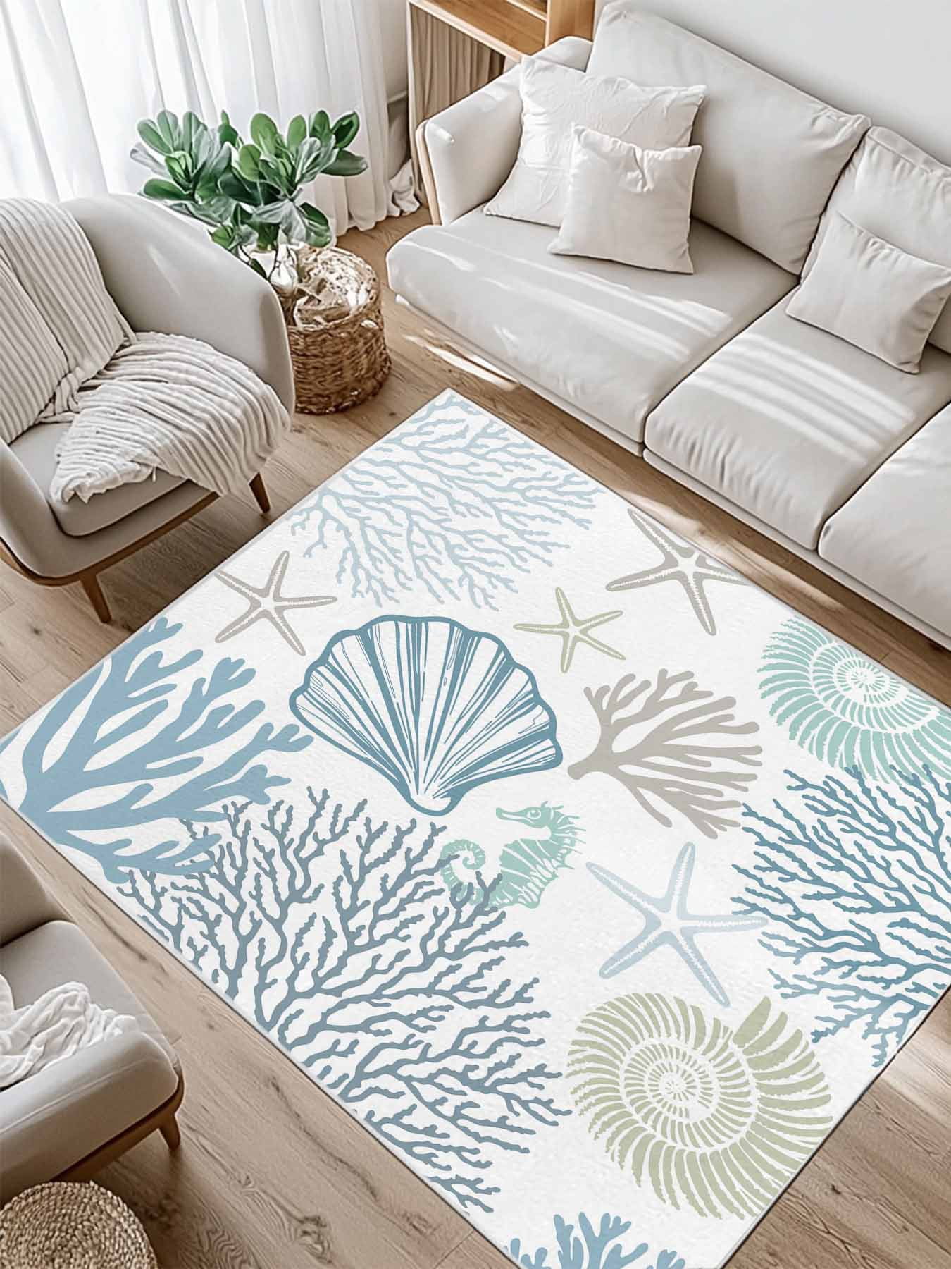 Coral Shell Area Rug for Bedroom 3x5 Ft Starfish Seahorse Blue Ocean ...