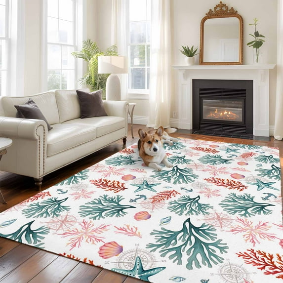 Coral Shell Area Rugs 5x7 ft Watercolor Pink Green Red Coral Starfish ...