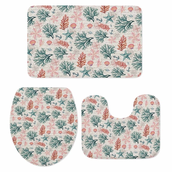 Coral Shell Bathroom Rugs Set Watercolor Pink Green Red Coral Starfish ...