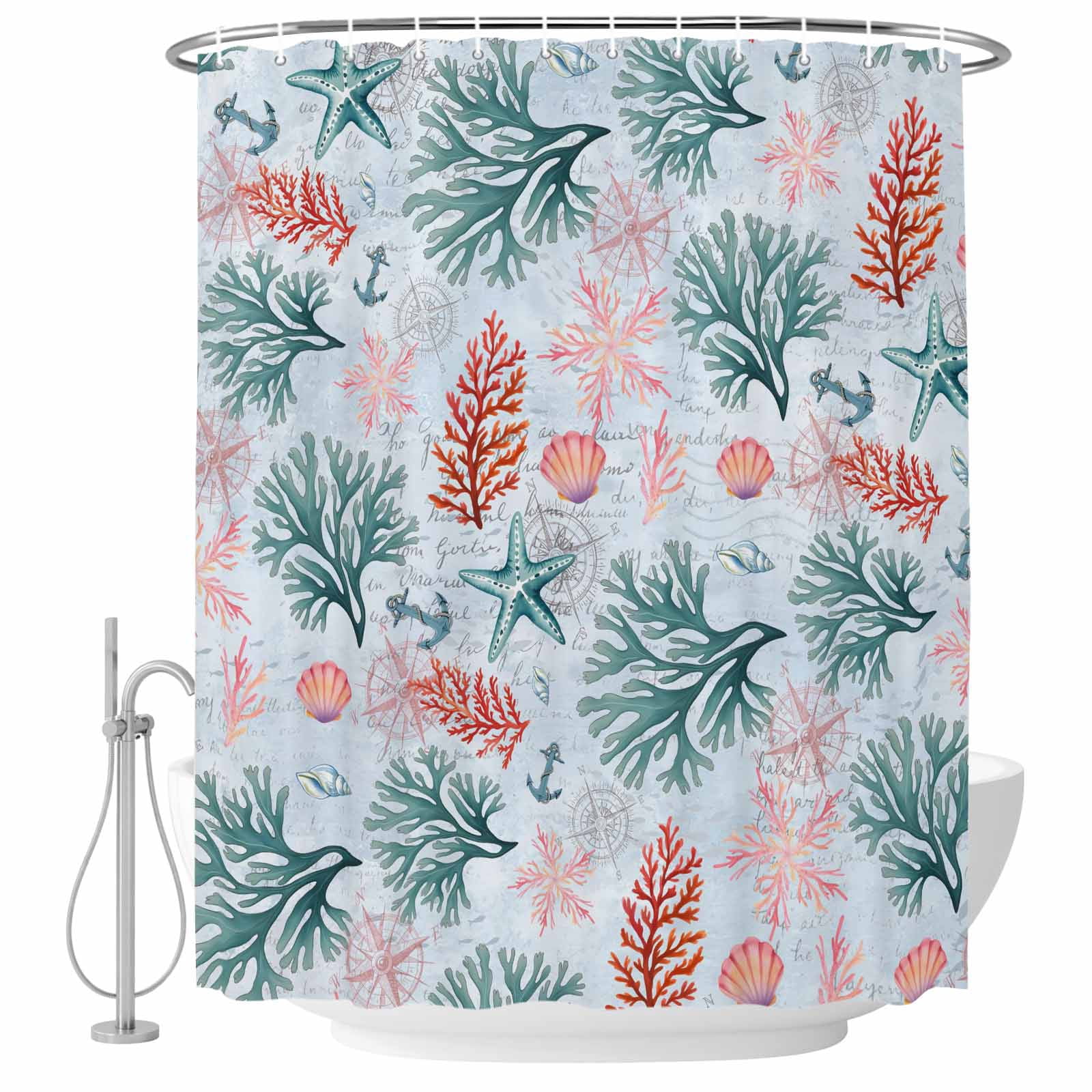 Coral Shell Bathroom Shower Curtains with Hooks, Watercolor Pink Green ...