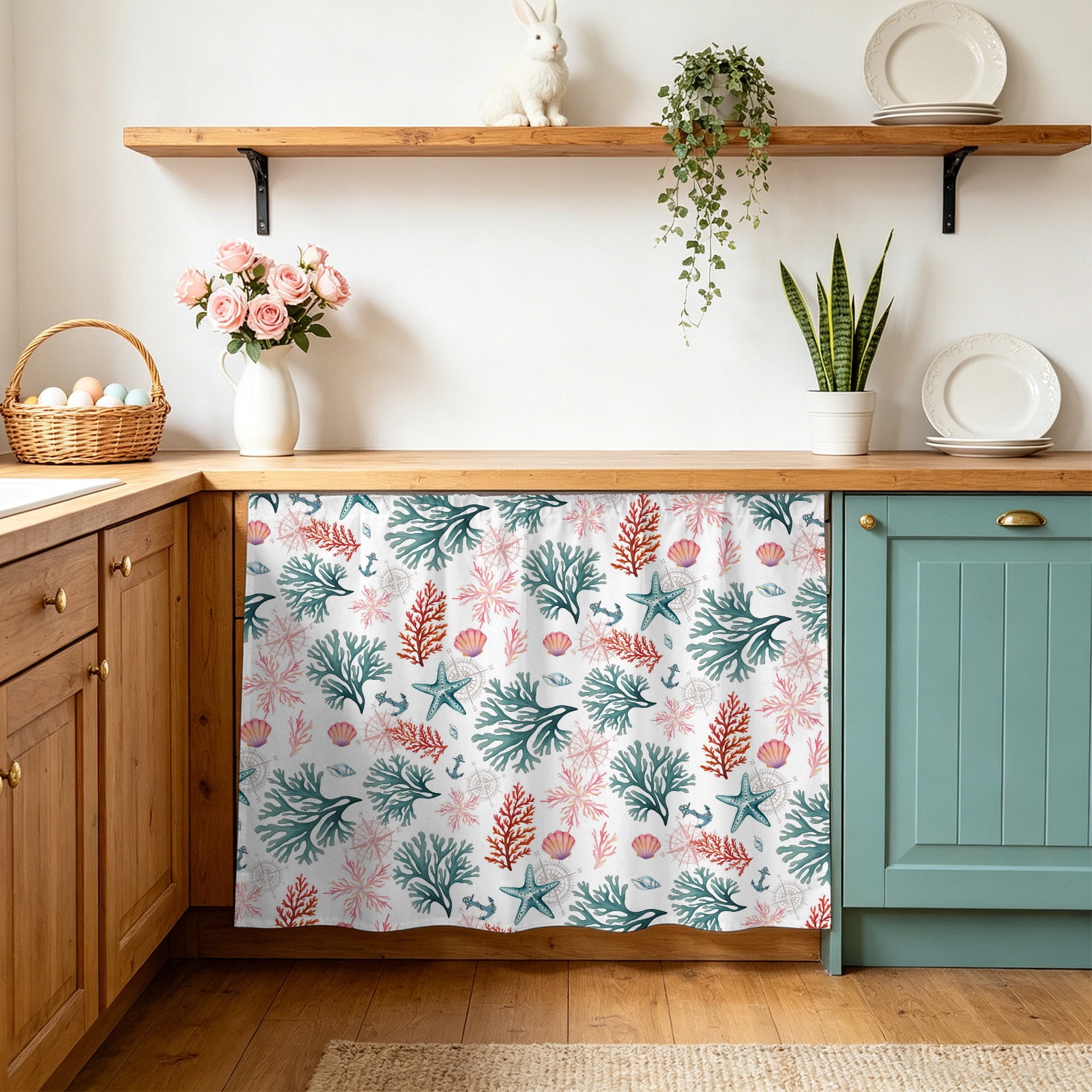 Coral Shell Cabinet Curtains 28" W x 35" L Watercolor Pink Green Red ...