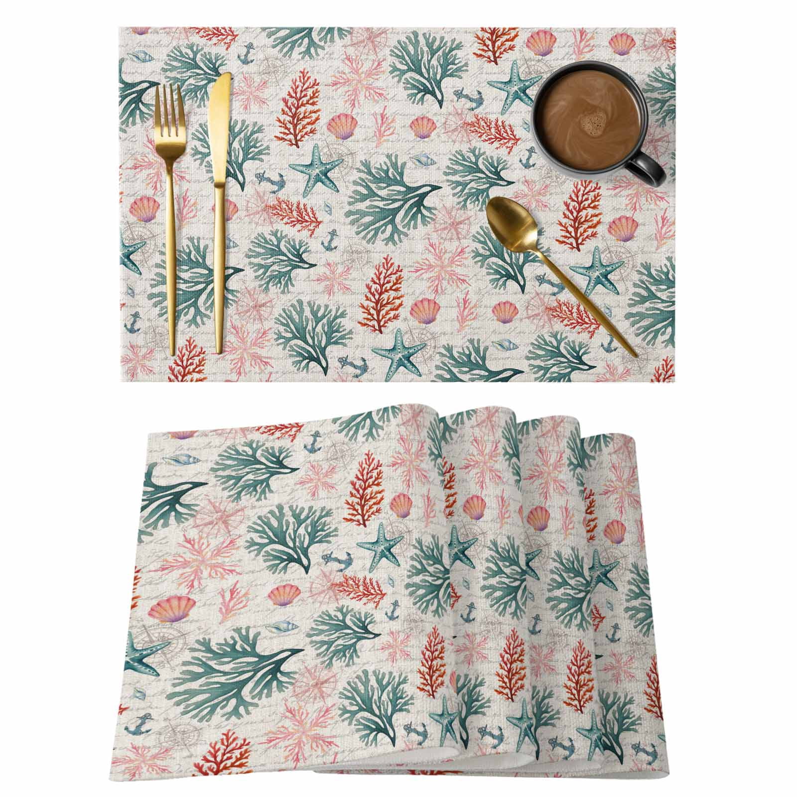 Coral Shell Cotton Linen Placemats Set of 4, Watercolor Pink Green Red ...