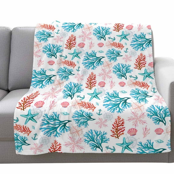Coral Shell Fleece Throw Blanket Lightweight Watercolor Pink Blue Red ...