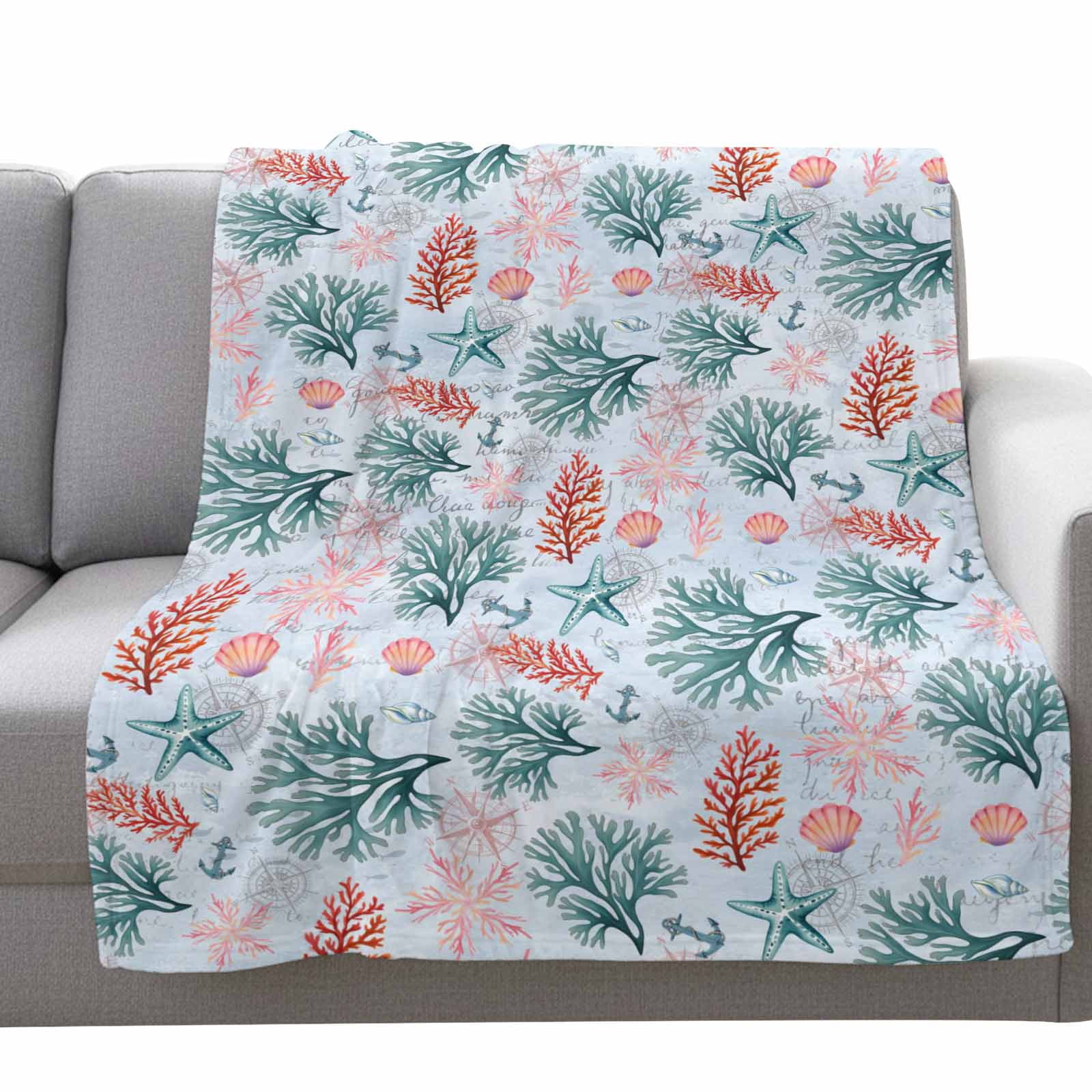 Coral Shell Fleece Throw Blanket Lightweight Watercolor Pink Green Red ...