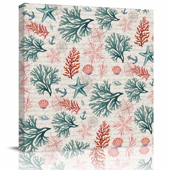 Coral Shell Framed Canvas Wall Art, Watercolor Pink Green Red Coral ...