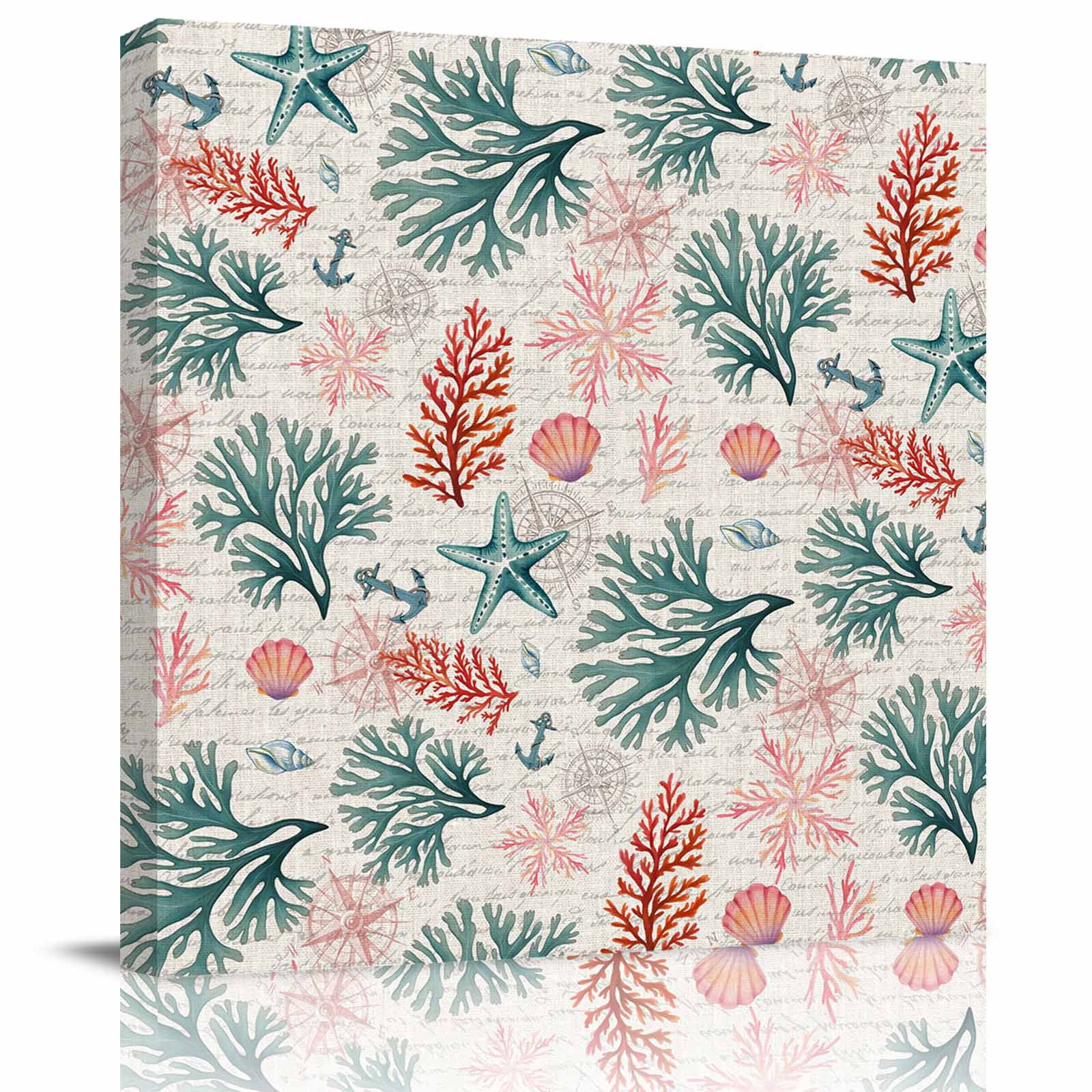 Coral Shell Framed Canvas Wall Art, Watercolor Pink Green Red Coral ...