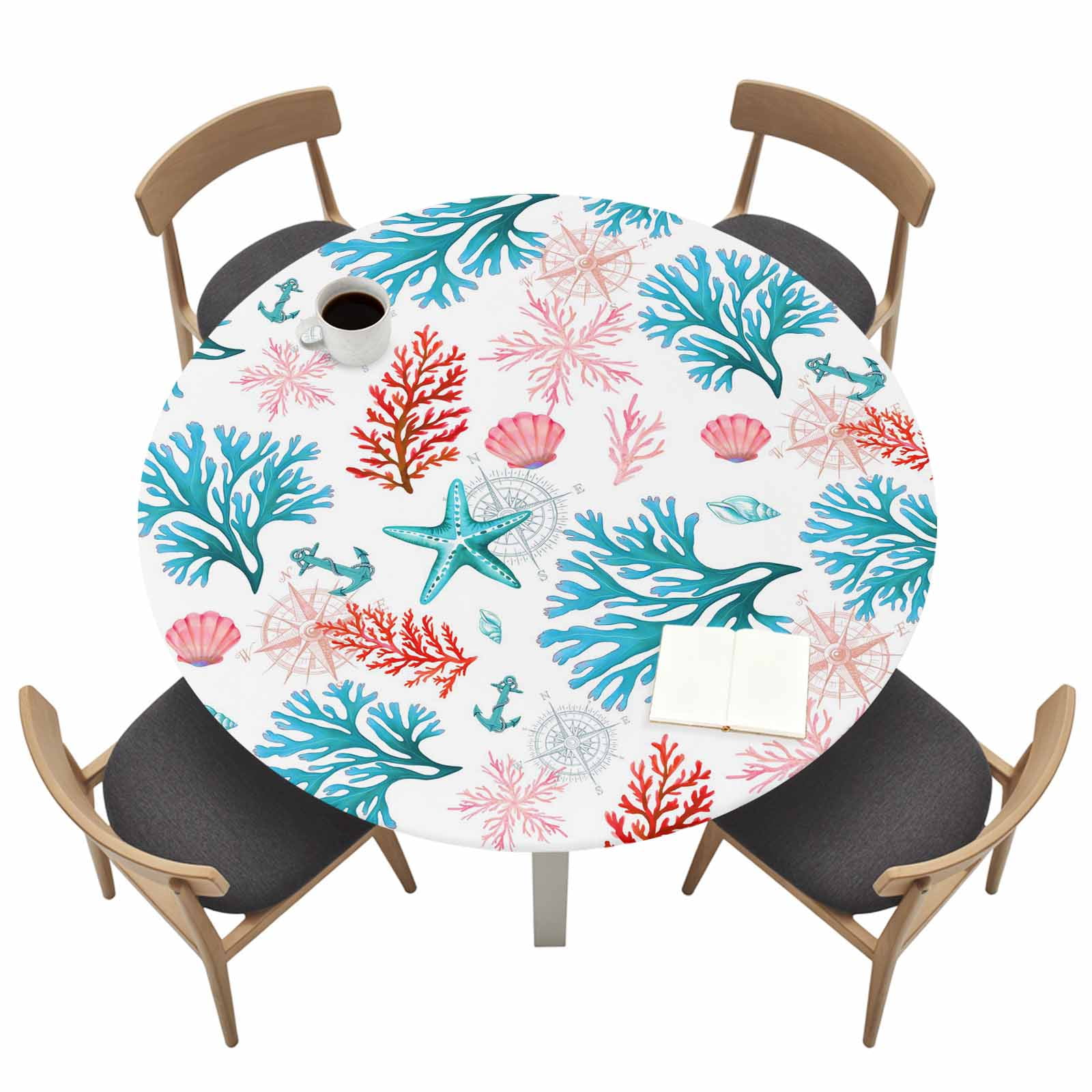Coral Shell Round Fitted Tablecloth with Elastic Edge Watercolor Pink ...