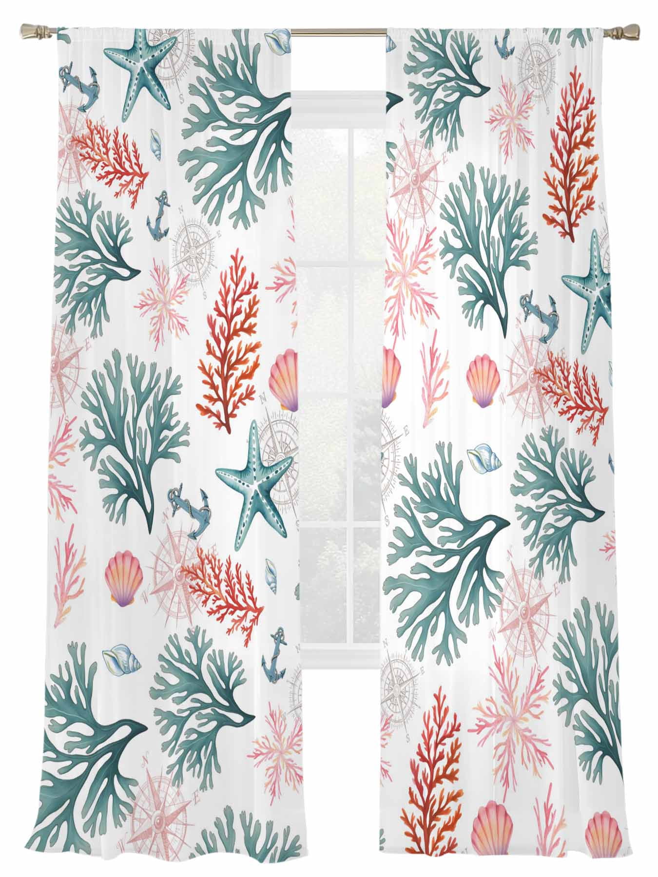 Coral Shell Sheer Curtains 108 Inch Long 2 Panels, Watercolor Pink ...