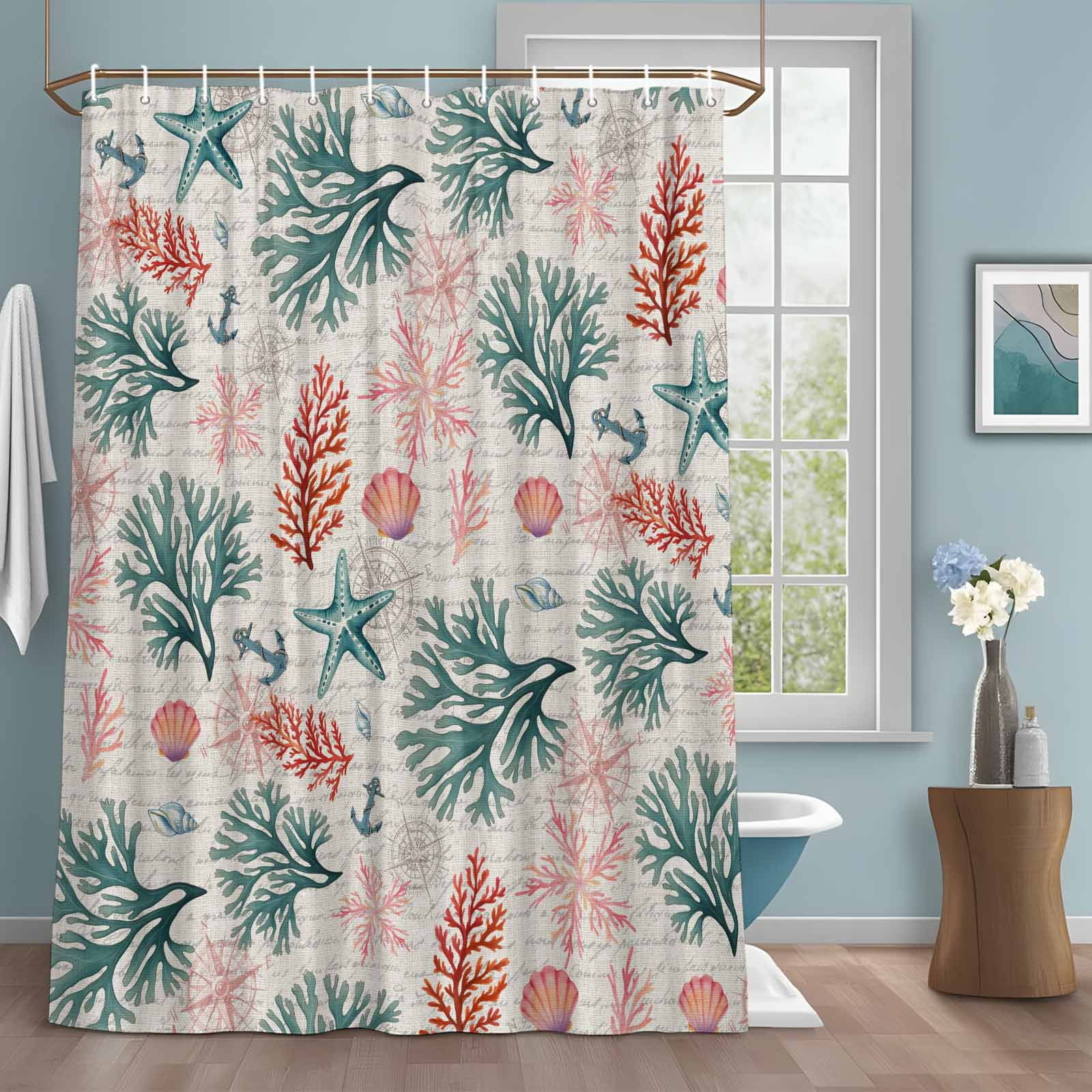 Coral Shell Shower Curtains for Bathroom, Watercolor Pink Green Red ...
