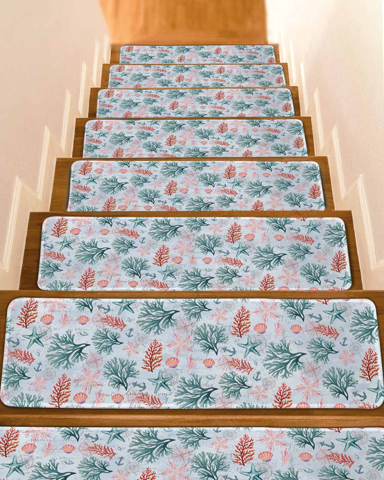 Coral Shell Stair Treads Watercolor Pink Blue Red Coral Starfish Anchor ...