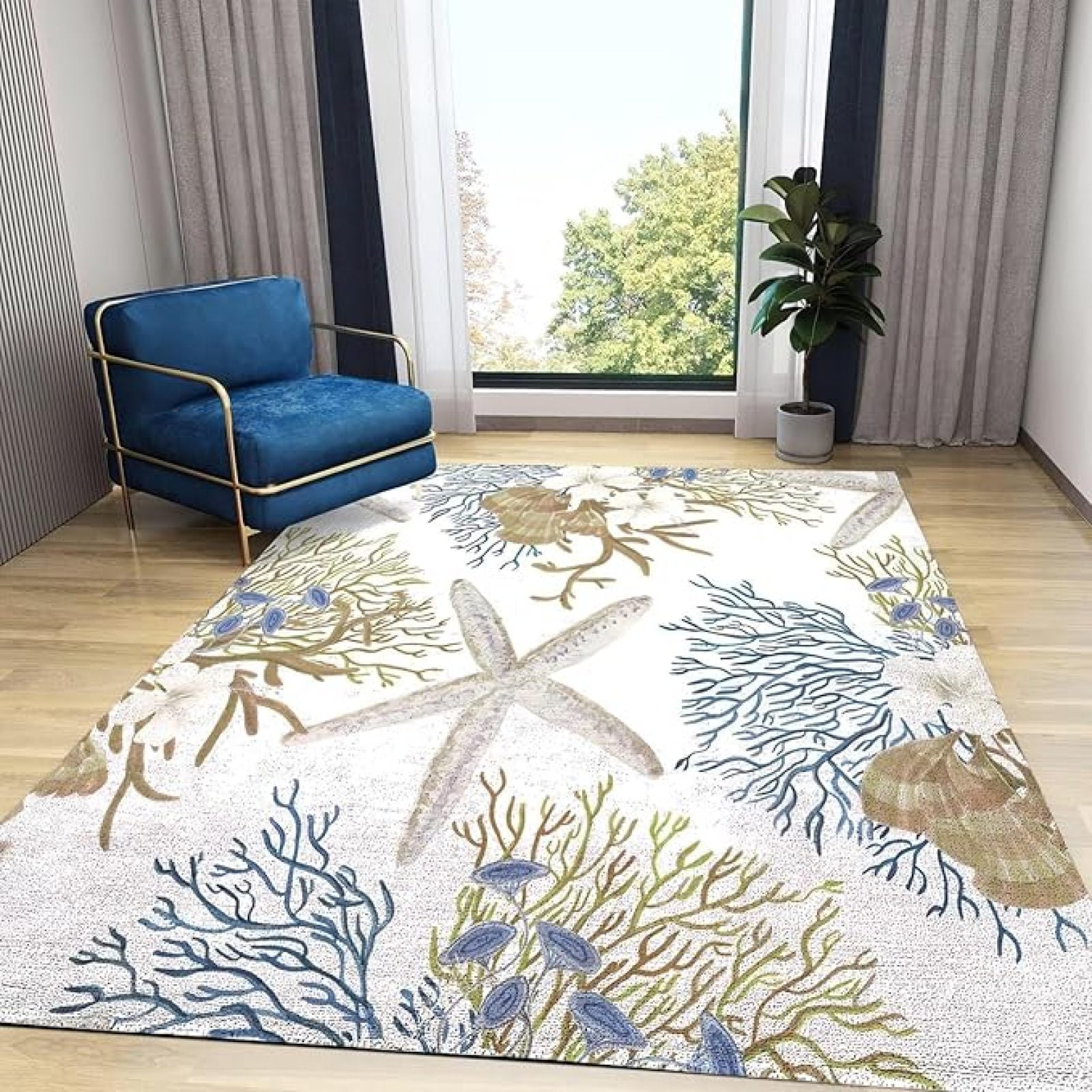 Coral Shell Starfish Area Rugs, Coastal Beach Ocean Theme Print Rug ...