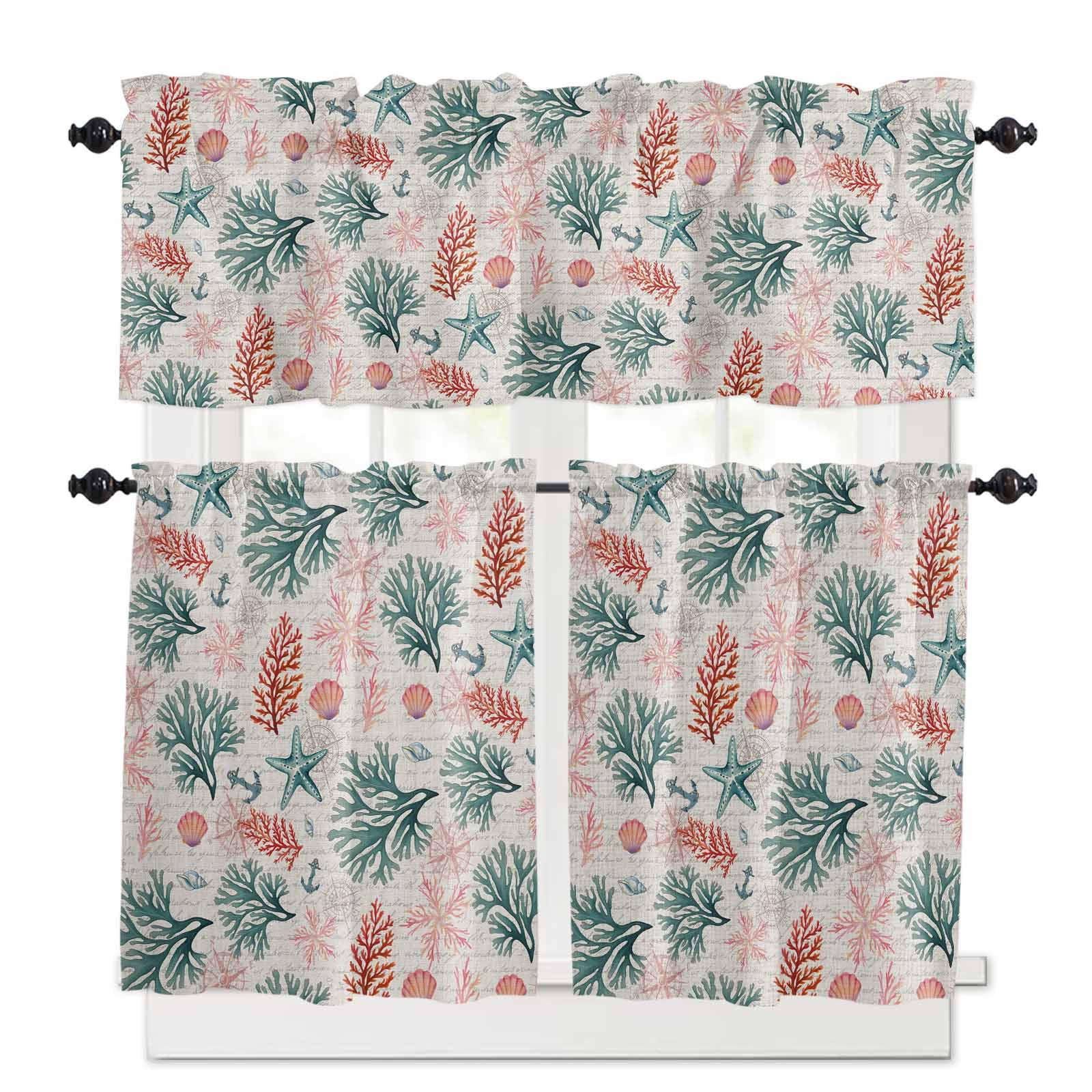 Coral Shell Window Curtains Valance Set of 3 Watercolor Pink Green Red ...