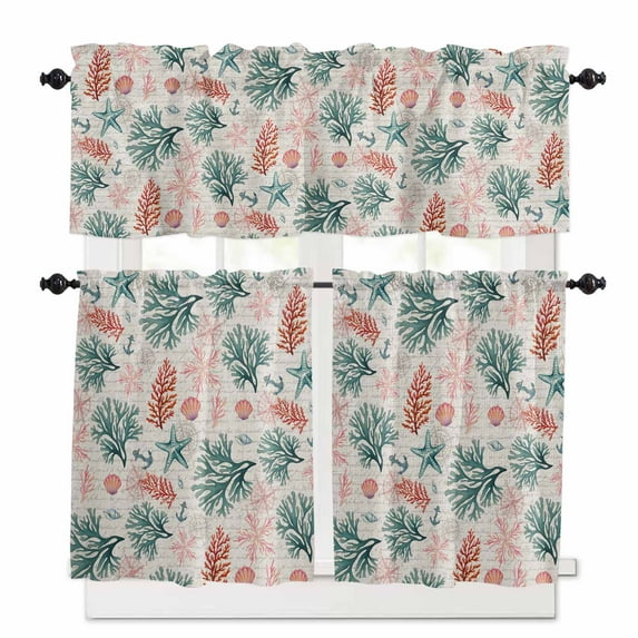 Coral Shell Window Curtains Valance Set of 3 Watercolor Pink Green Red ...