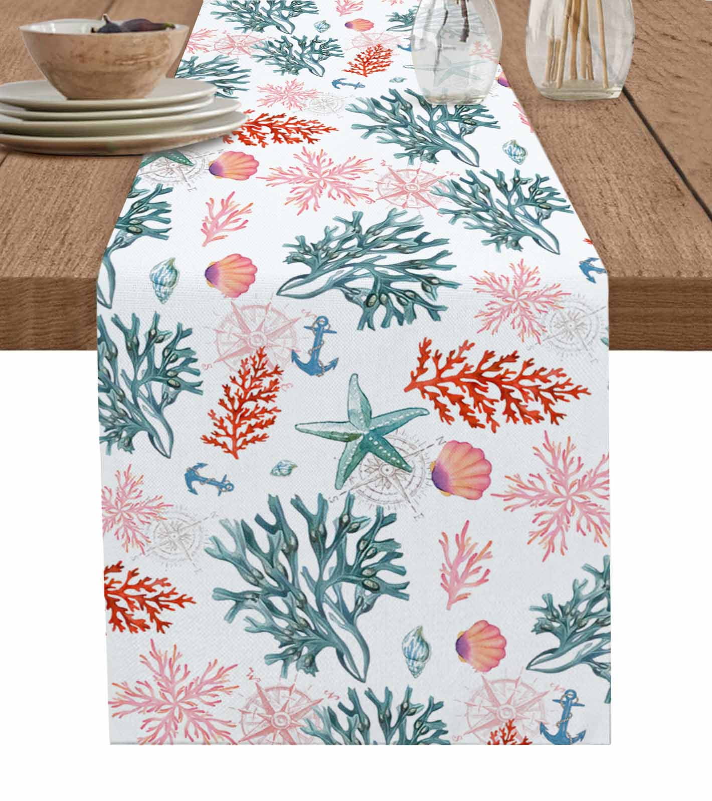 Coral Star Anchor Shell Table Runner Cotton Linen Wedding Table r ...
