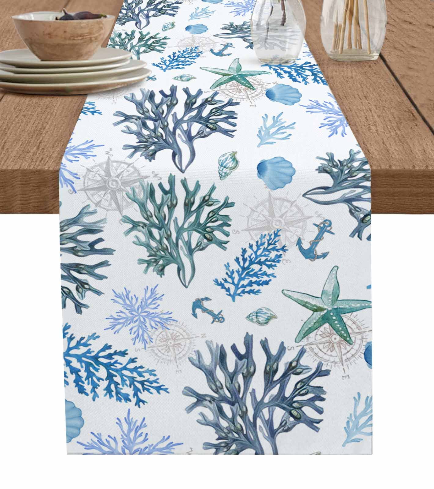 Coral Star Conch Shells Watercolor Table Runner Cotton Linen Wedding ...