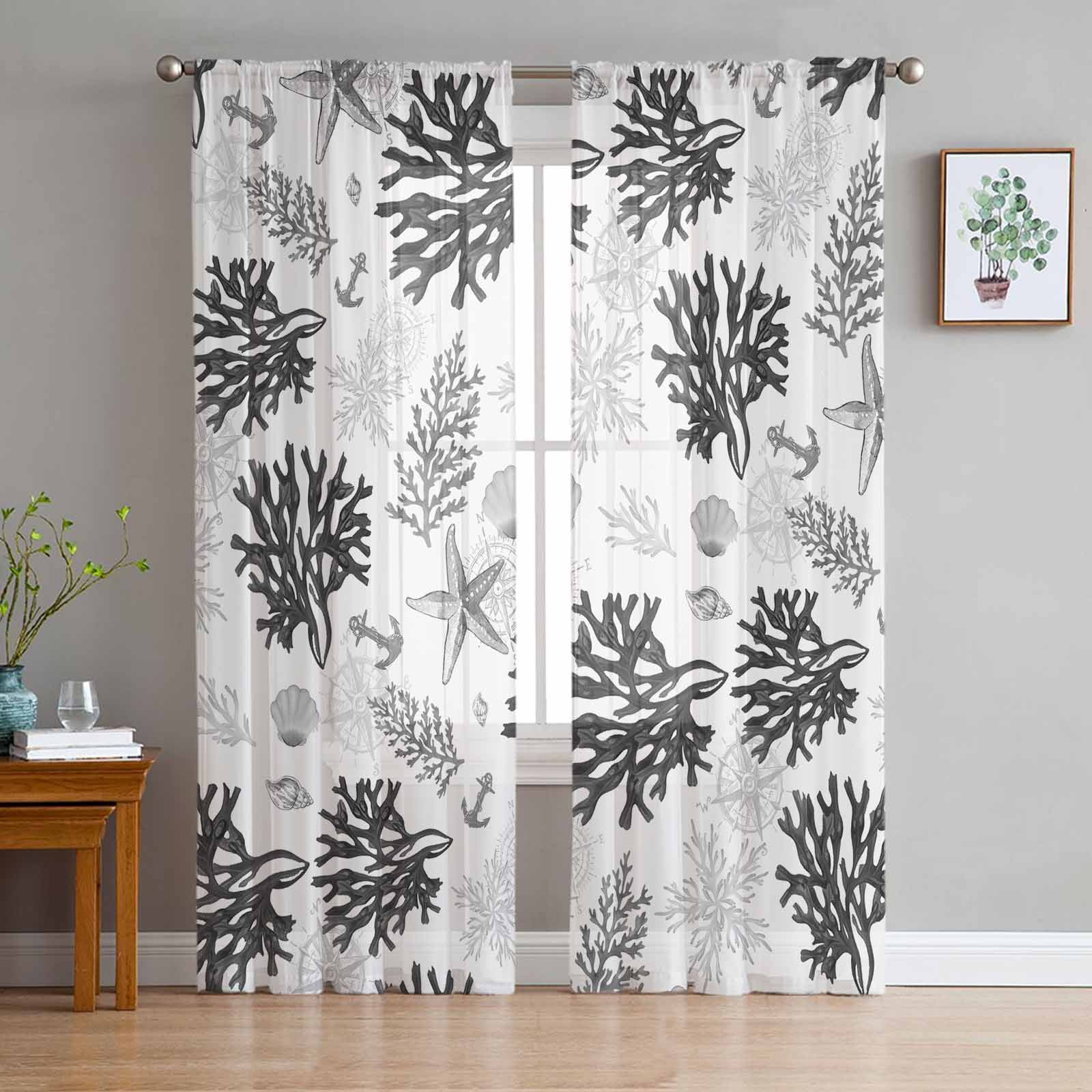 Coral Star Shells Sheer Tulle Home ration Living Room Bedroom Cortinas ...