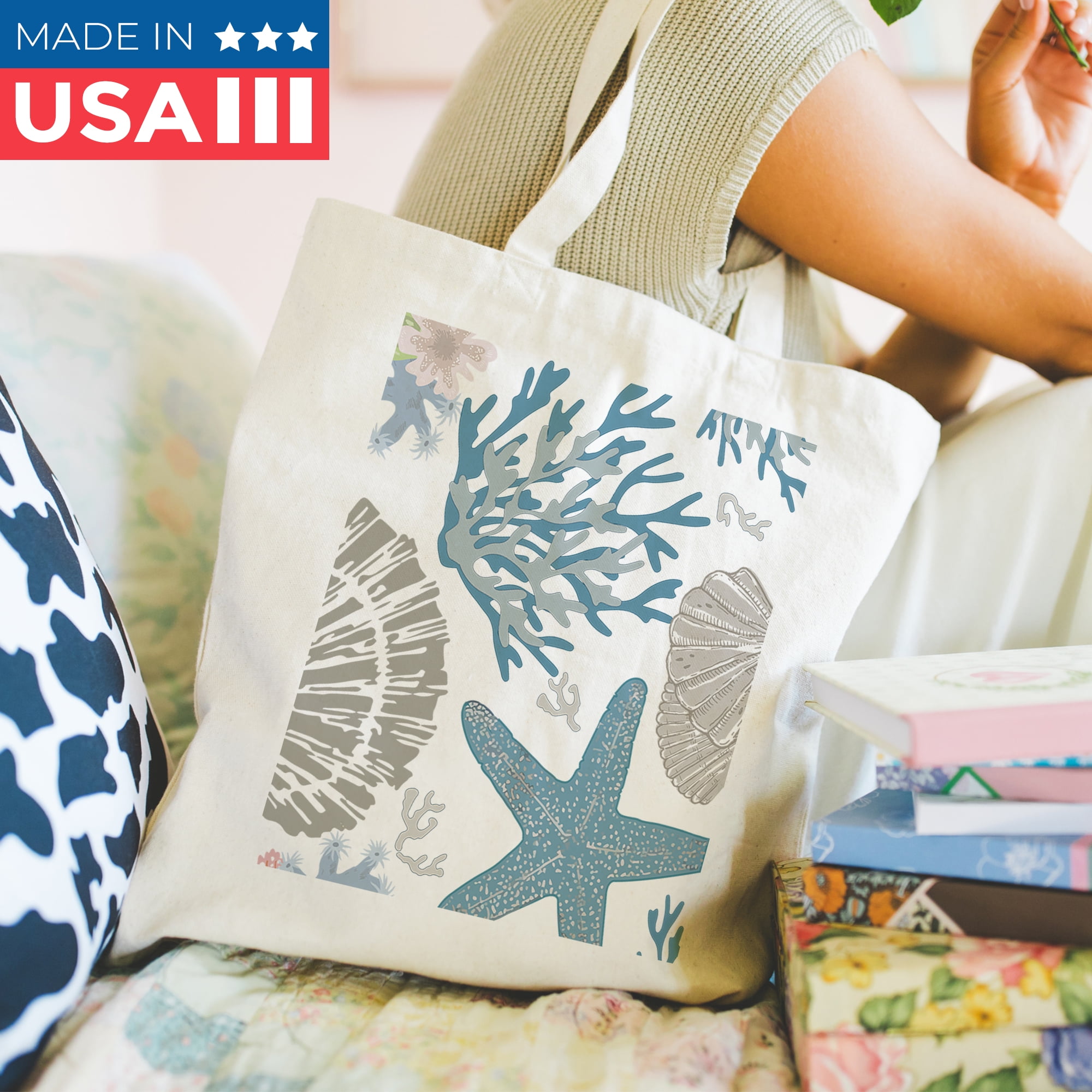 Coral Starfish Canvns Tote Bag ,14x16 Inch Polyester Cotton Straps ...