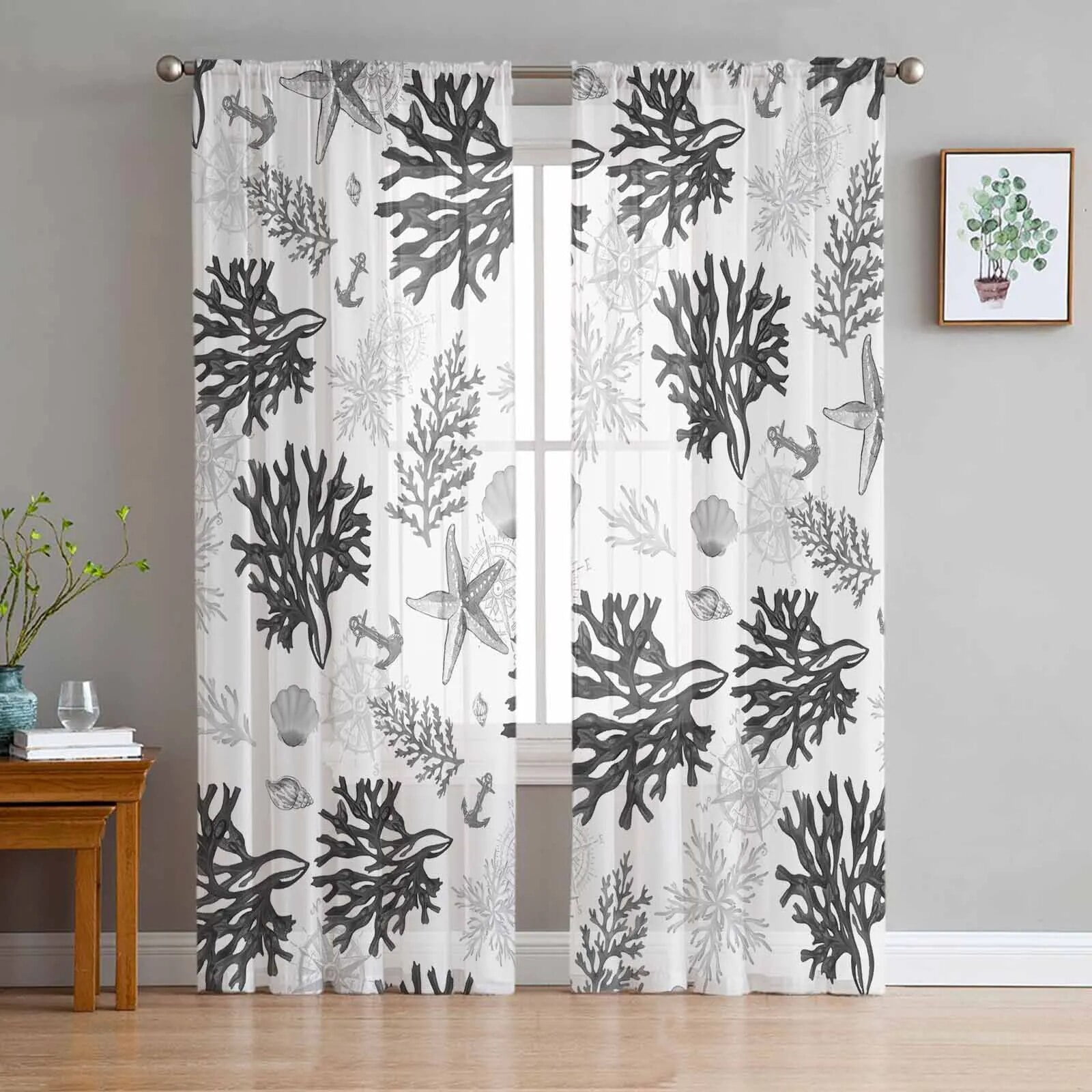 Coral Starfish Shell Watercolor Tulle Curtains for Living Room Bedroom ...