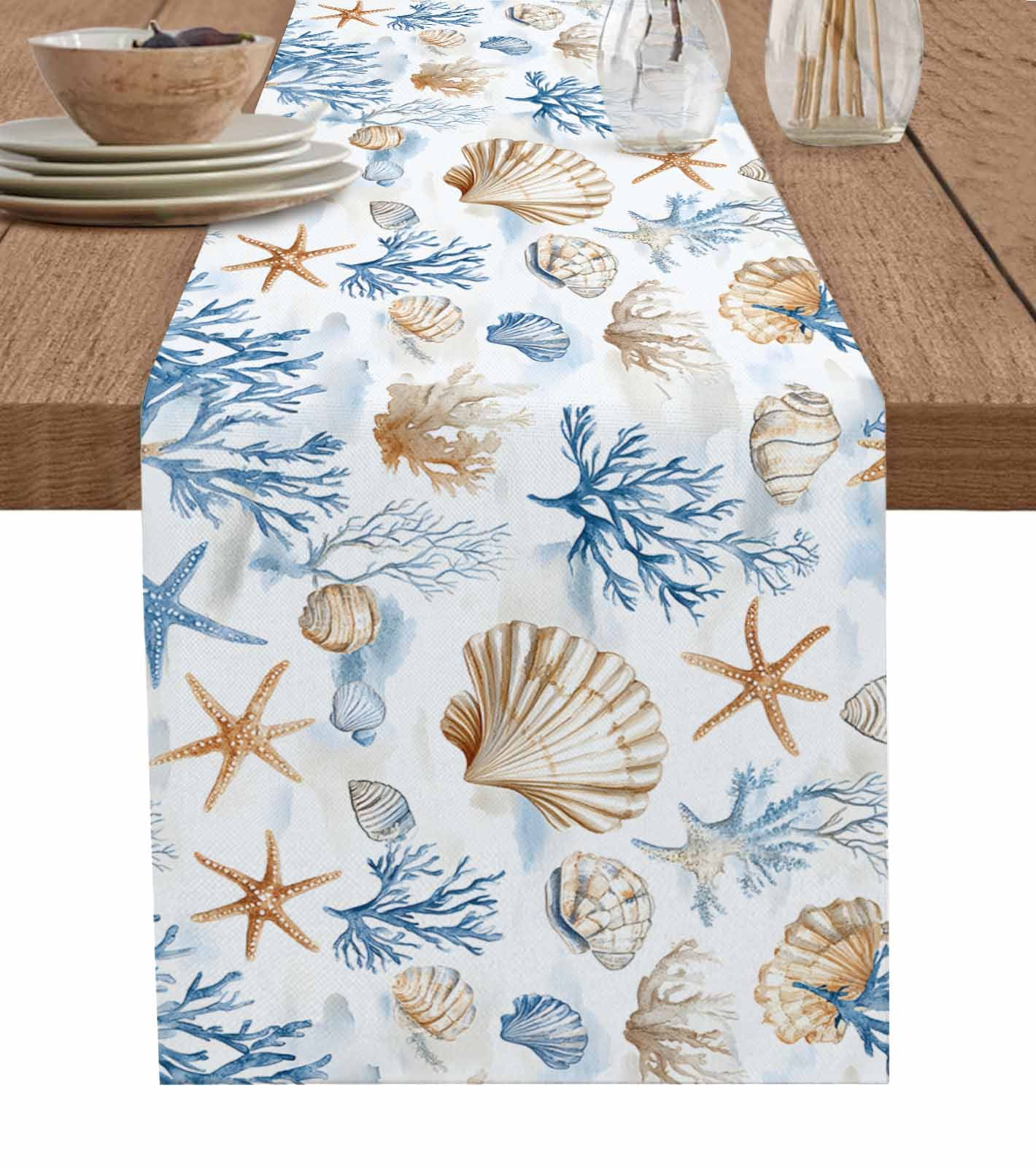 Coral Starfish Table Runner 72 Inches, Coastal Ocean Blue Conch Beach ...
