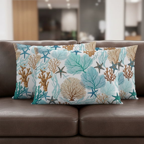 Coral Stars Pillow Covers Set of 4, Summer Sea Teal Green Brown Corals ...