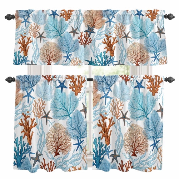 Coral Stars Window Curtains Valance Set of 3 Summer Sea Blue Brown ...