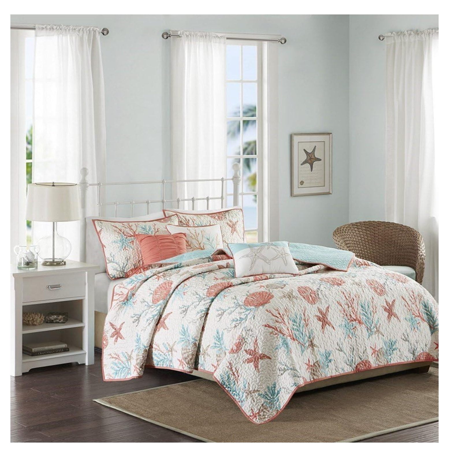 Coral & Teal Seashells, Starfish, Beach House, Cottage Cal King Quilt ...