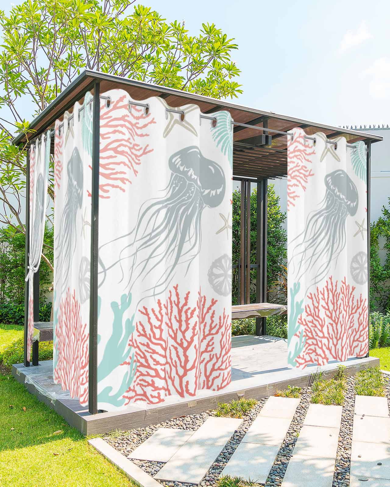 Coral Turquoise Outdoor Curtains for Patio Waterproof,Coastal Grey Jellyfish Starfish Ocean ...