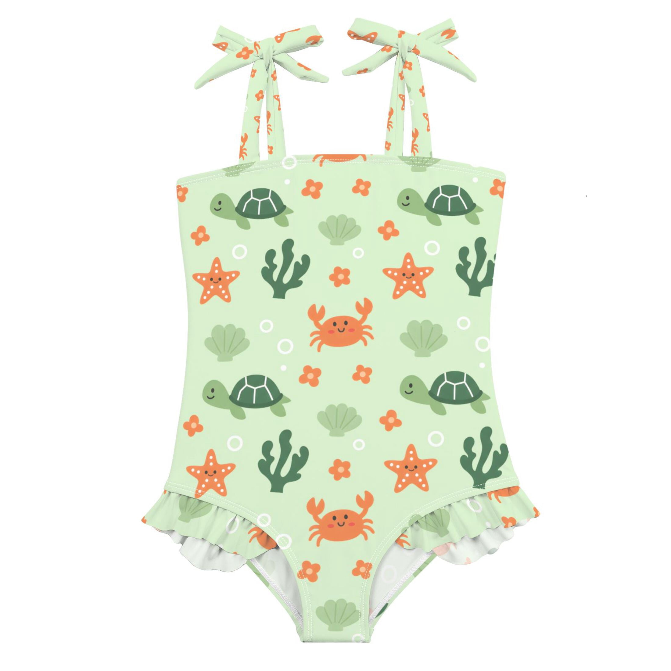 Coral Turtles Crabs Pattern Girls' One-Piece Swimsuit Bowknot Tie ...