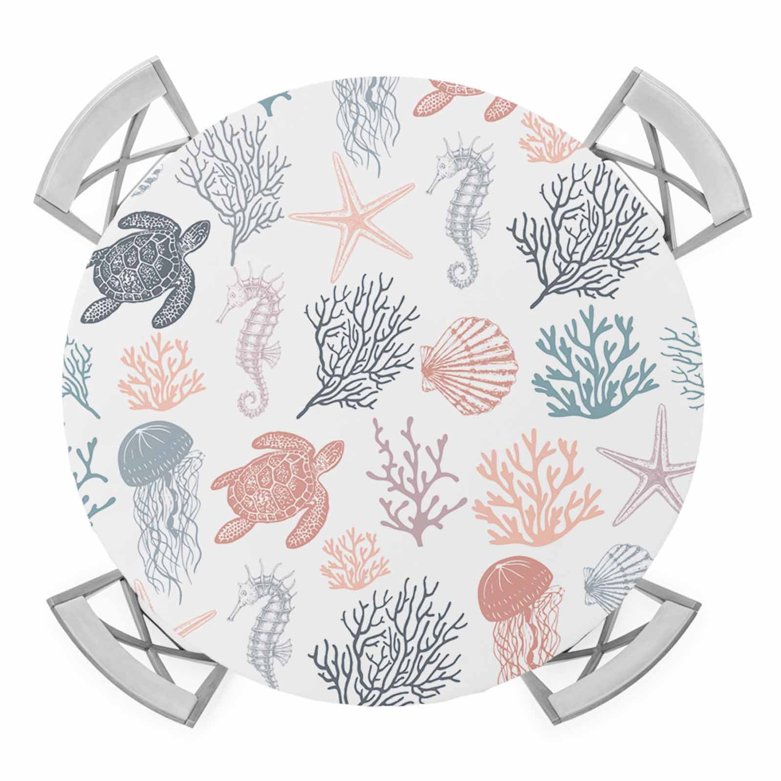 Coral Turtles Starfish Jellyfish Shells Elastic Fitted Round Table ...