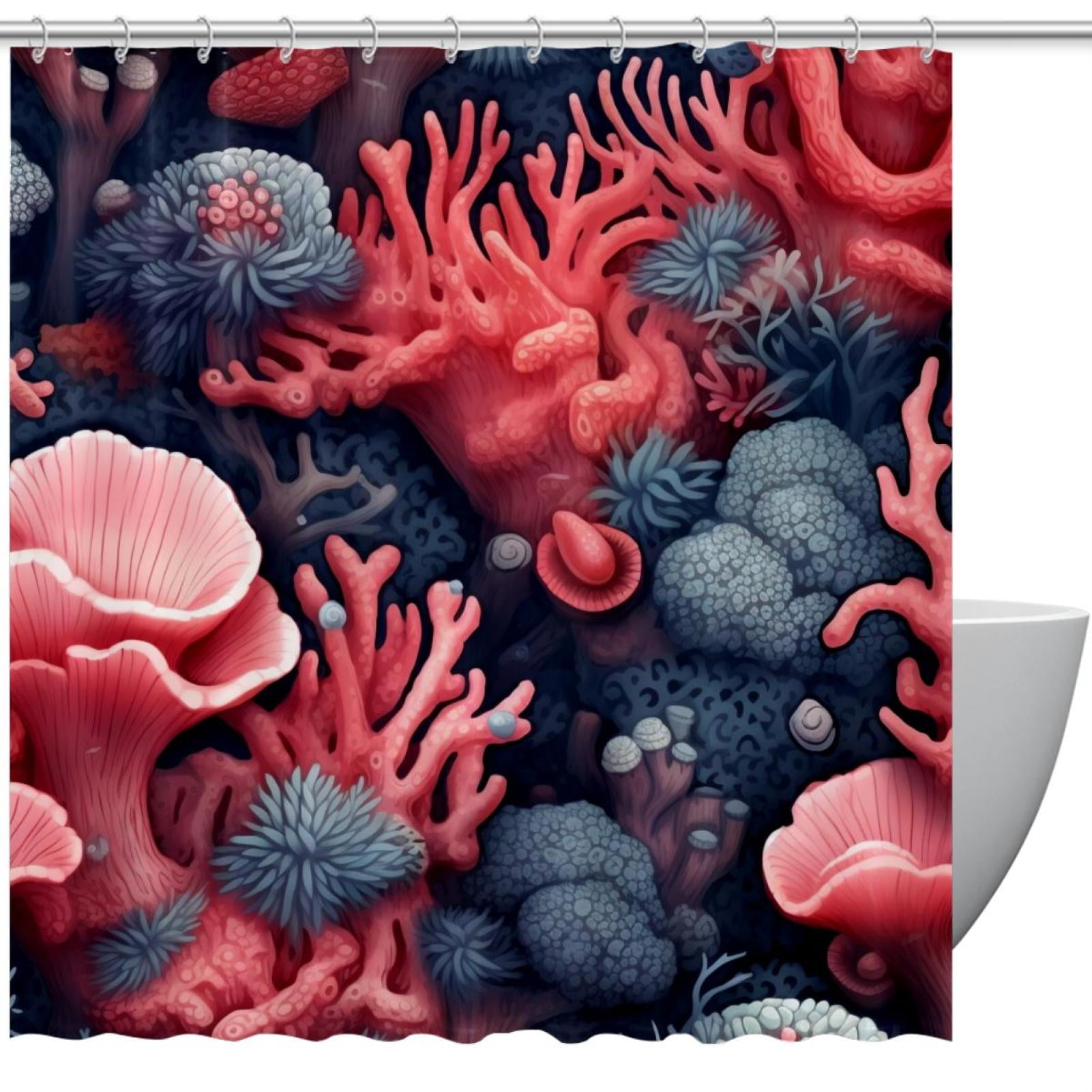 Coral Waterproof Printed Shower Curtain Set with Hooks for Bathroom ...
