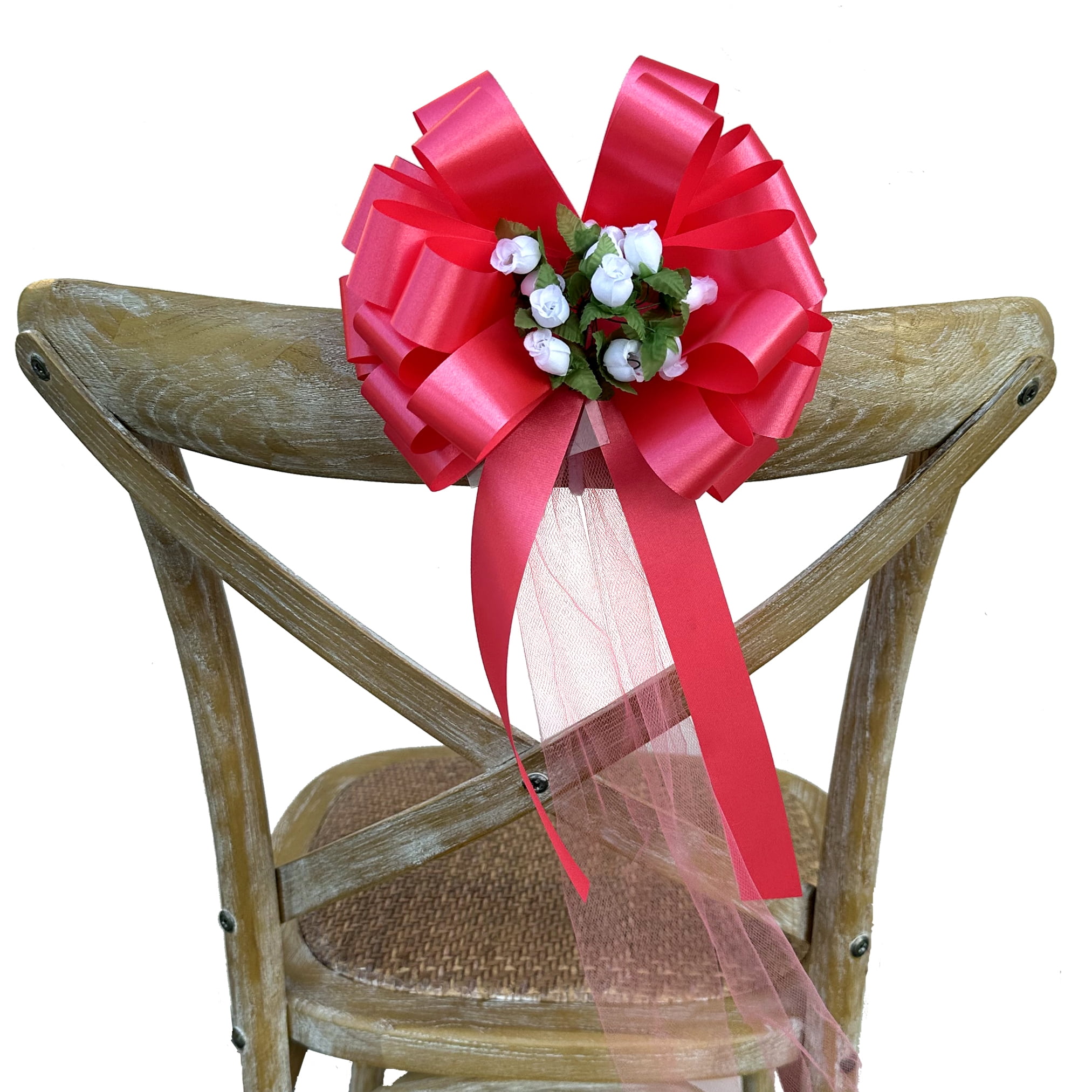 Coral Wedding Pull Bows with Tulle Tails and Rosebuds - 8" Wide, Set of ...