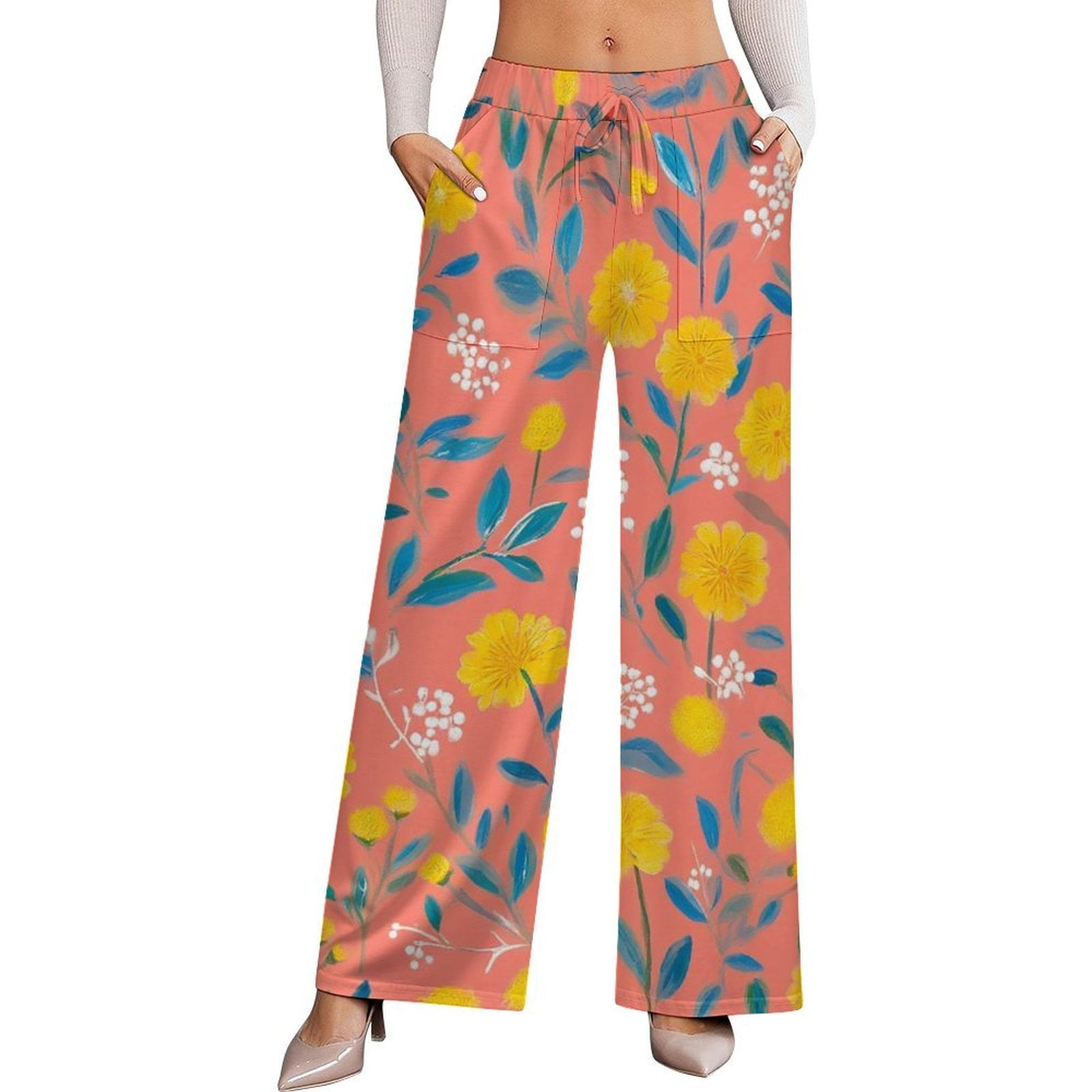Coral Yellow Floral Painted Pattern Women's Casual Wide Leg Pants ...