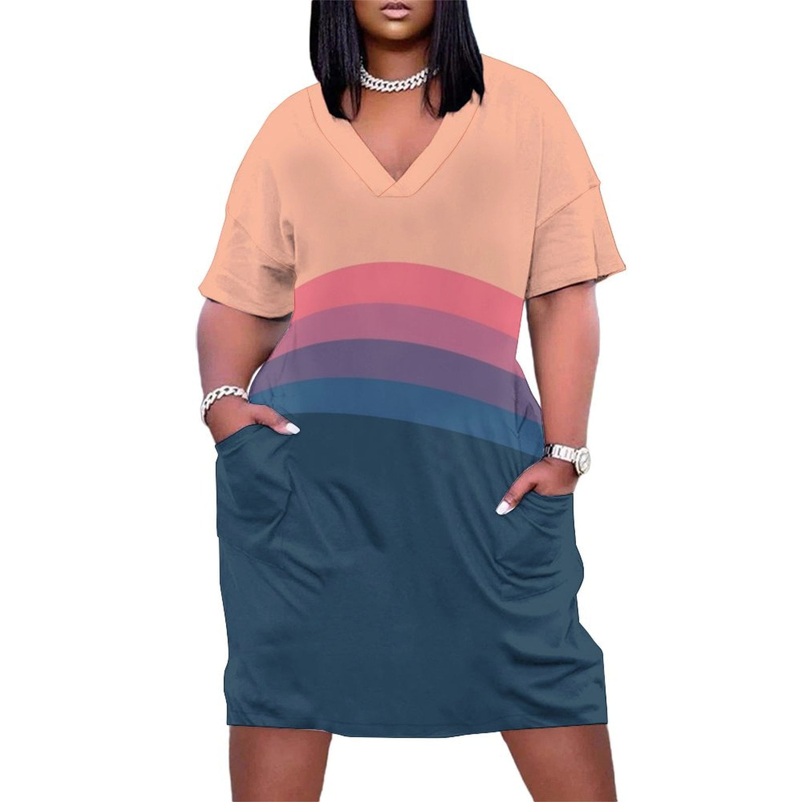 Coral blue Color blocks pattern Loose Pocket Dress womens dress long ...