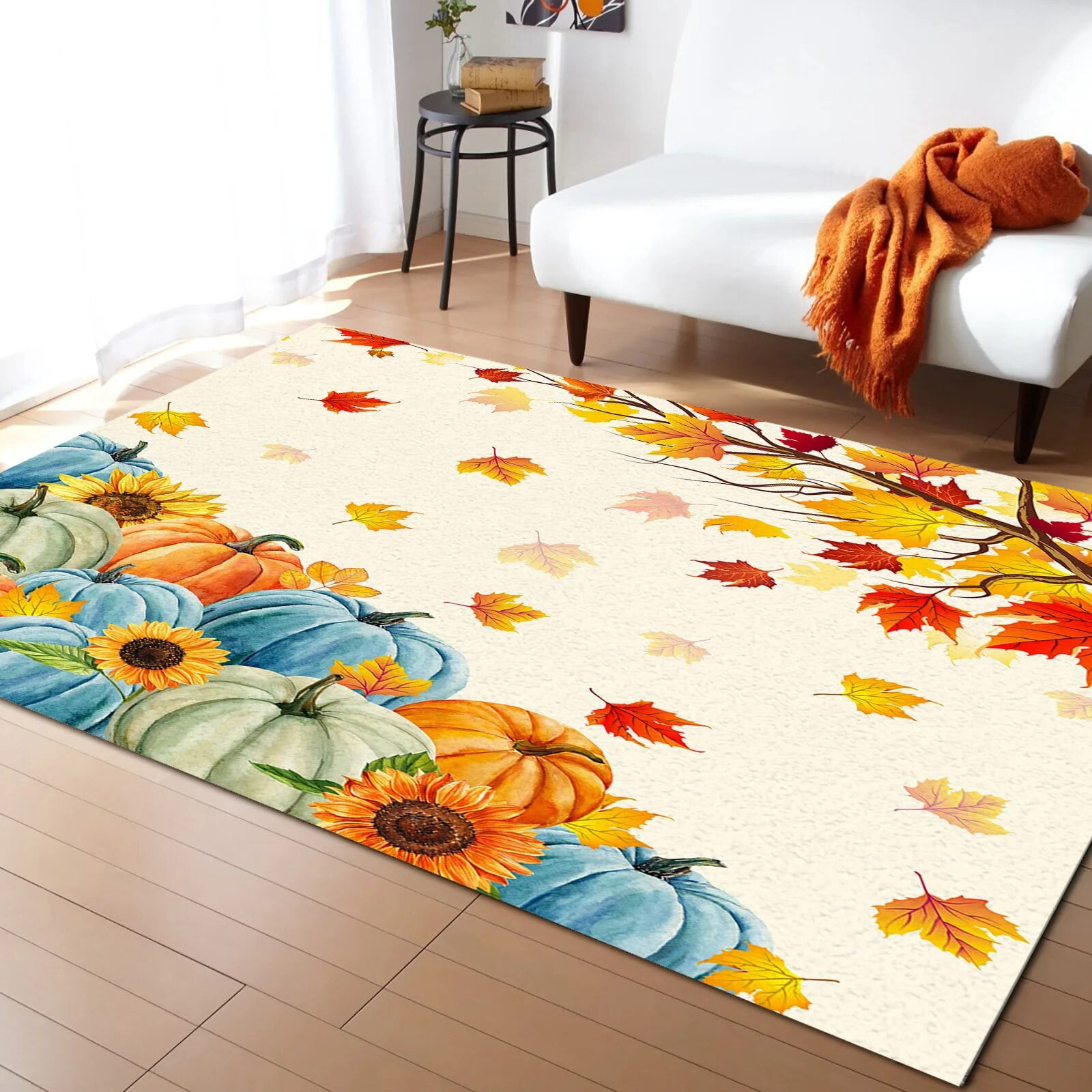 Coral velvet Autumn Thanksgiving Blue Orange Living Room Floor Mat ...