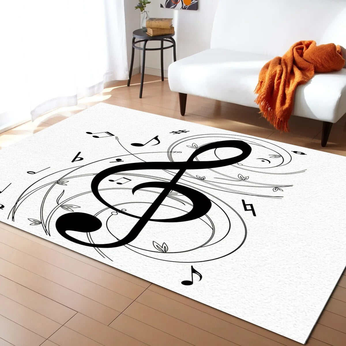 Coral velvet Black And White Melody Notes Living Room Floor Mat ...