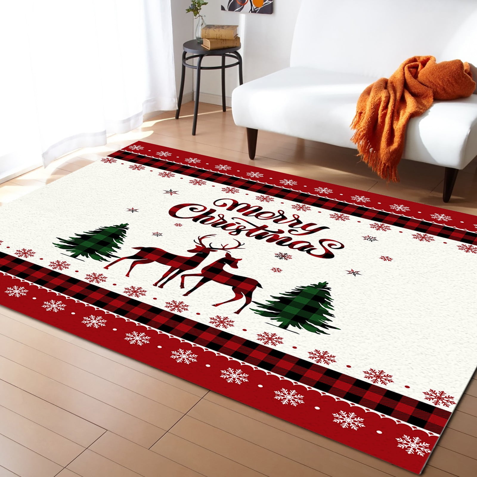 Coral velvet Christmas Red Plaid Snowflake Elk Carpet For Living Room ...
