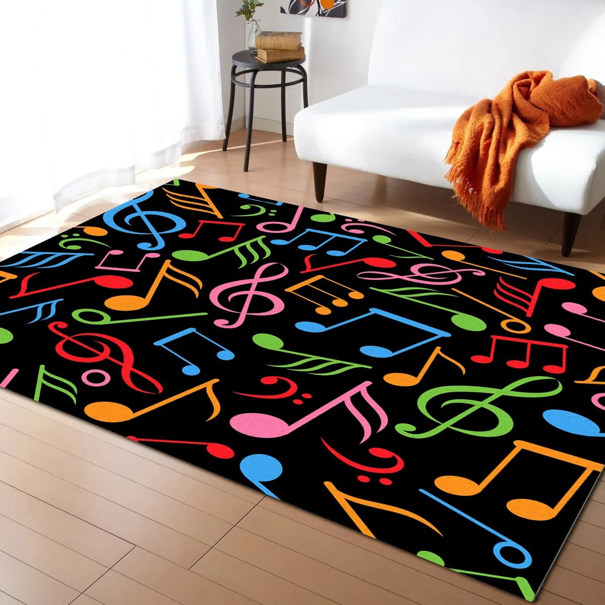 Coral velvet Colorful Notes On Black Shading Living Room Floor Mat ...