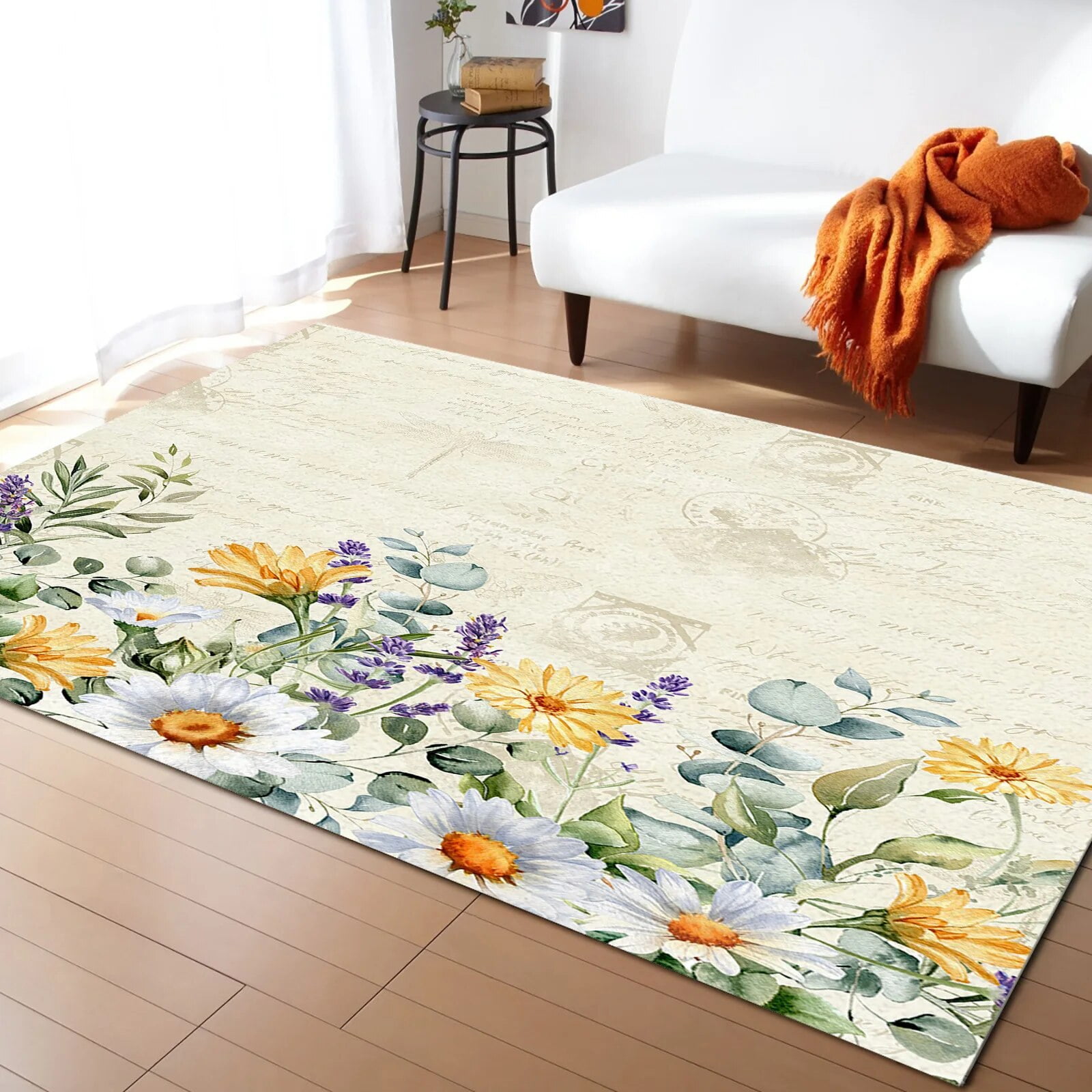 Coral velvet Flowers Daisies Clover Eucalyptus Plants Carpet Area Rug ...