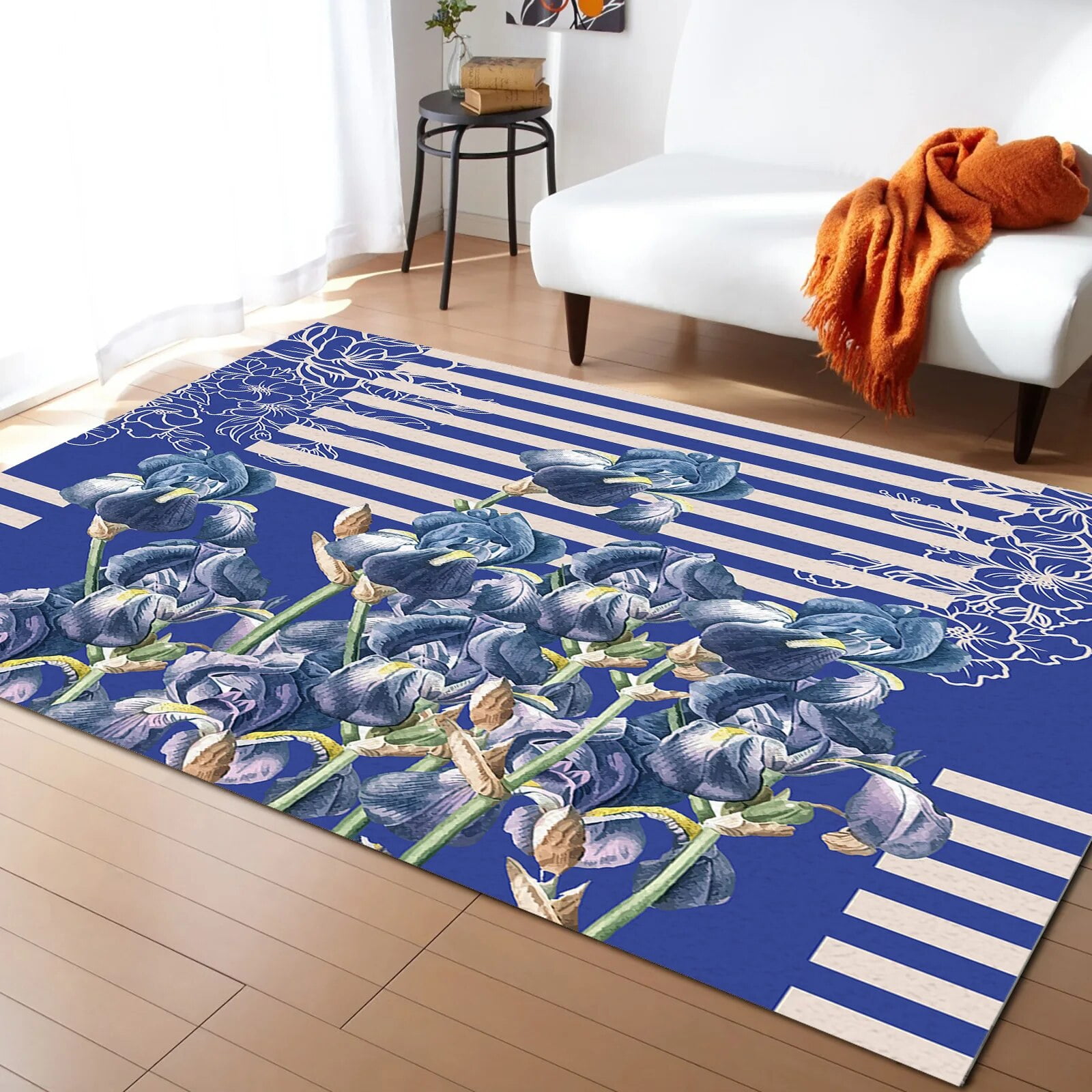 Coral velvet Lines Flower Blue Living Room Carpet Coffee Table Floor ...