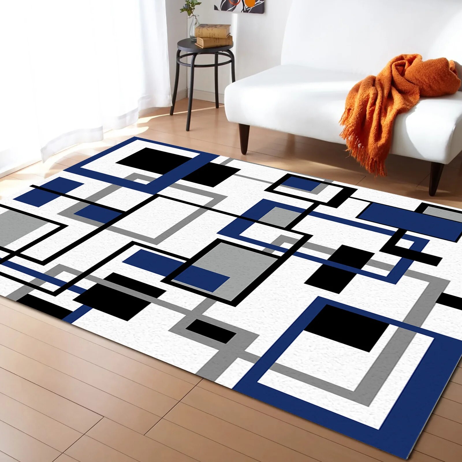 Coral velvet Nordic Retro Geometric Abstract Blue Carpet Area Rug ...