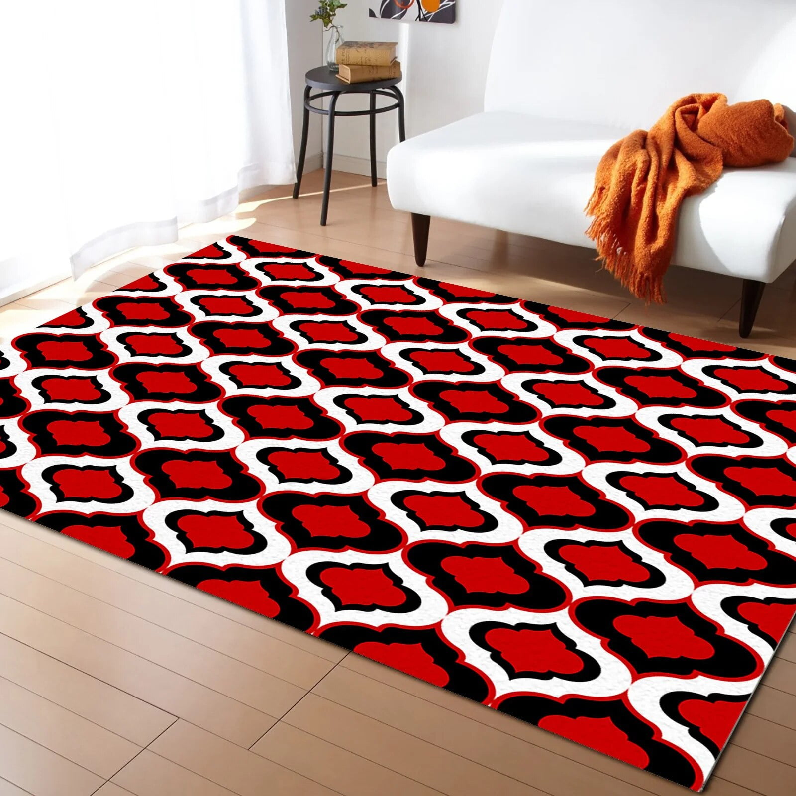 Coral velvet Red Black Moroccan Pattern Living Room Carpet Coffee Table ...