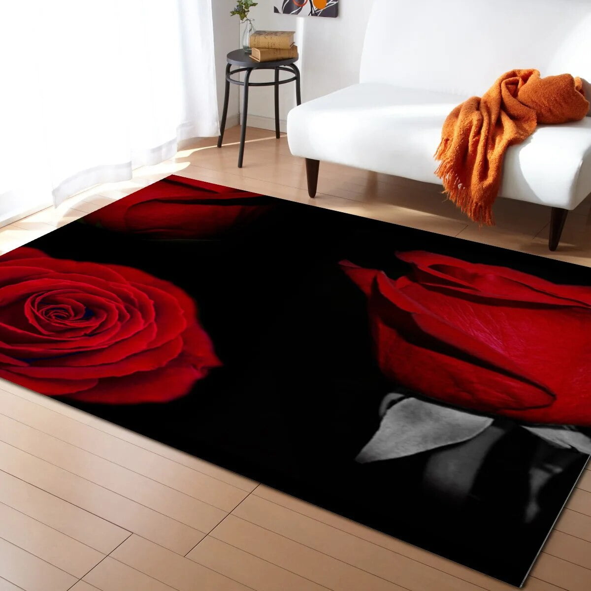 Coral velvet Red Rose Flower Black Carpet Living Room Large Area Rugs ...