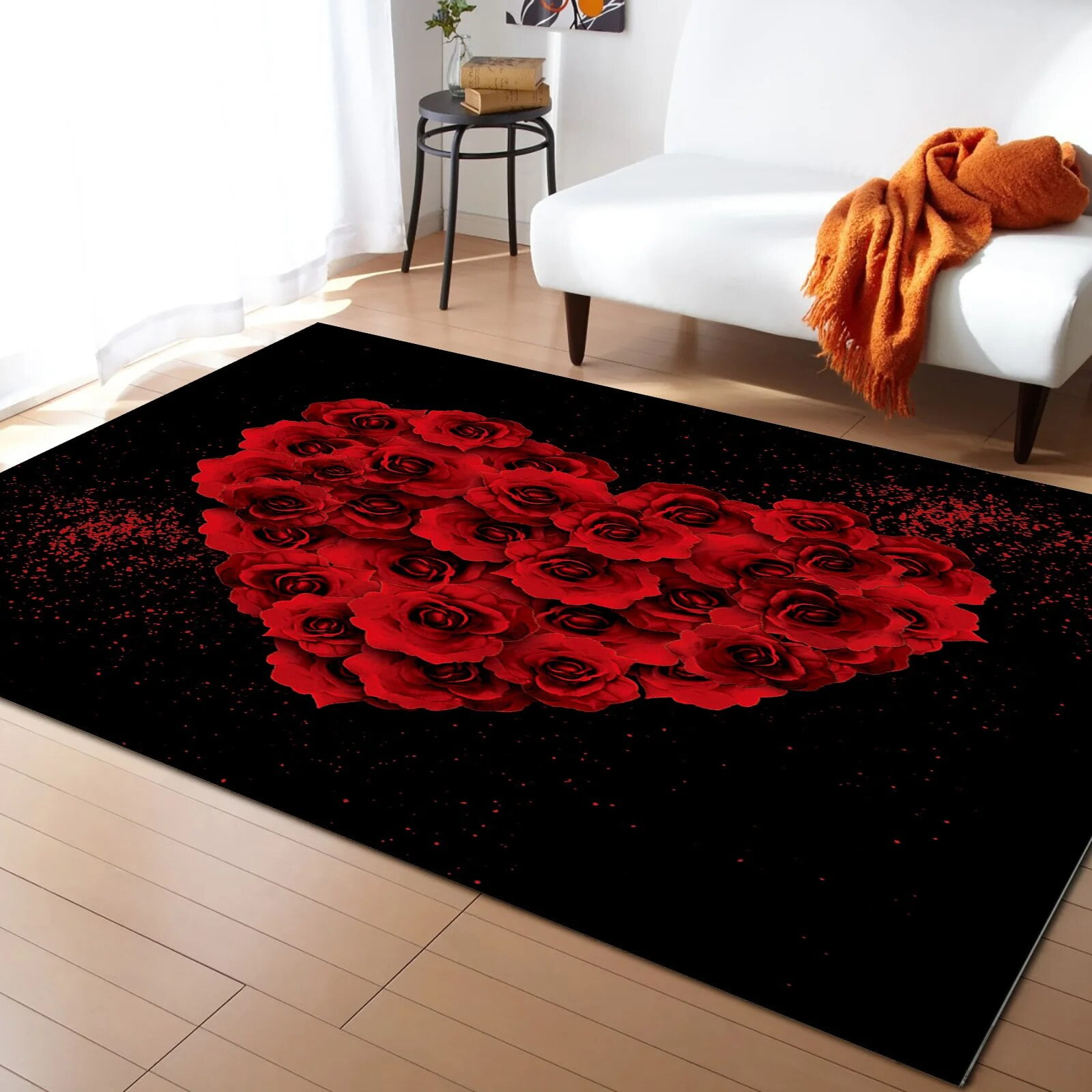 Coral velvet Red Rose Flower Black Carpet Living Room Large Area Rugs ...