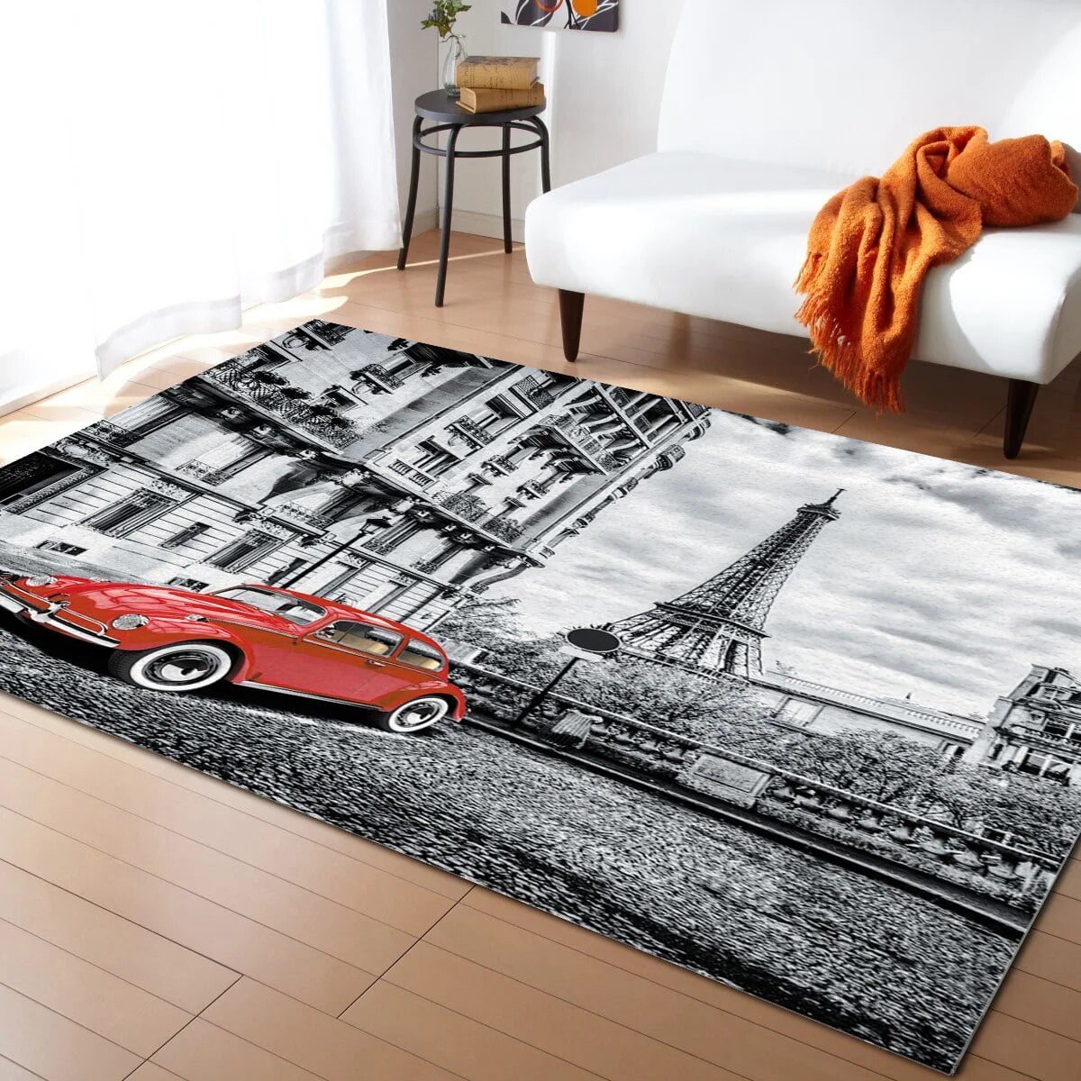 Coral velvet Red Vintage Car Paris Tower Street Carpet Area Rug ...